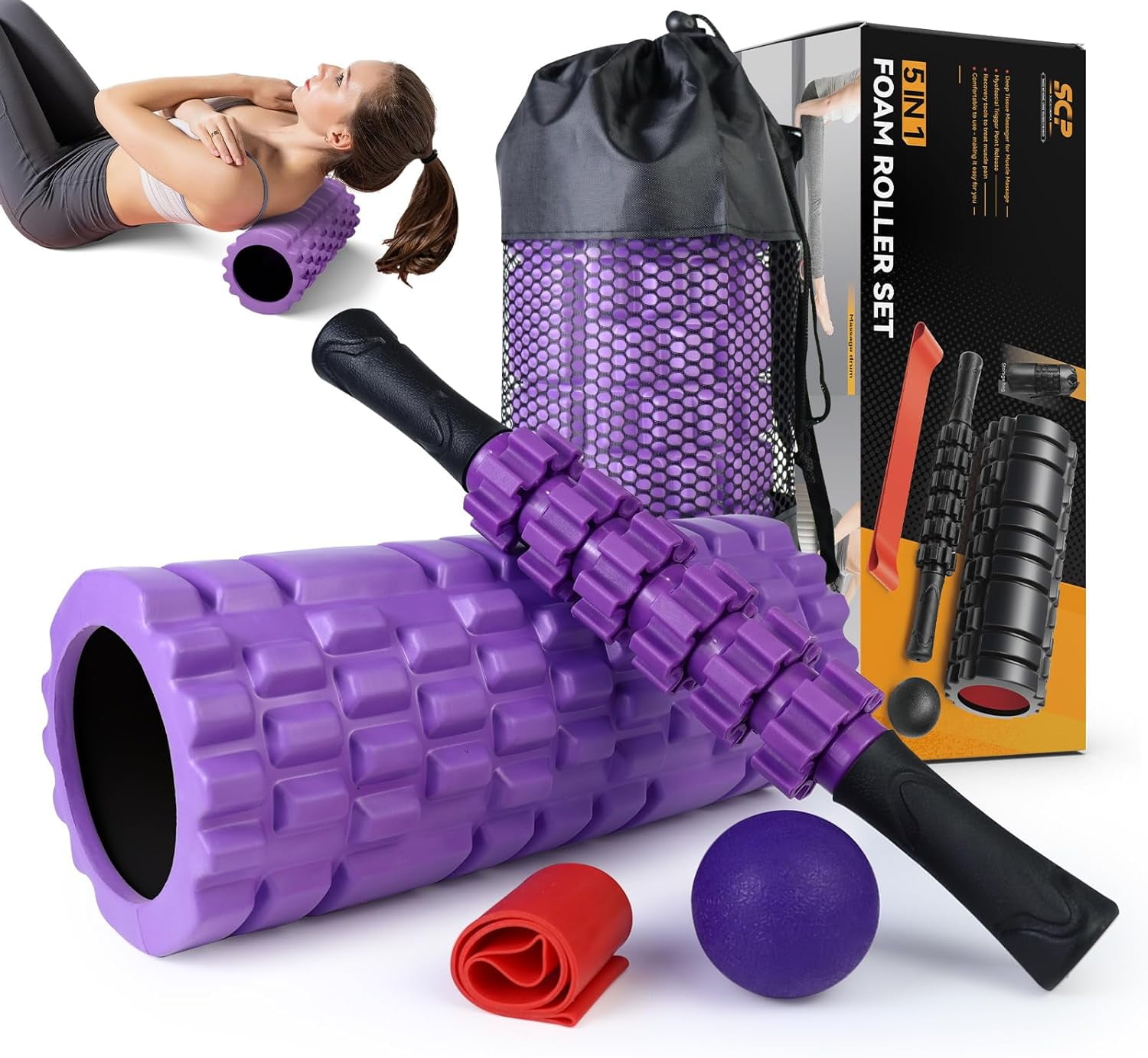 5 in1 Foam Roller Set, Trigger Point Foam Rollers, Massage Roller Stick ...