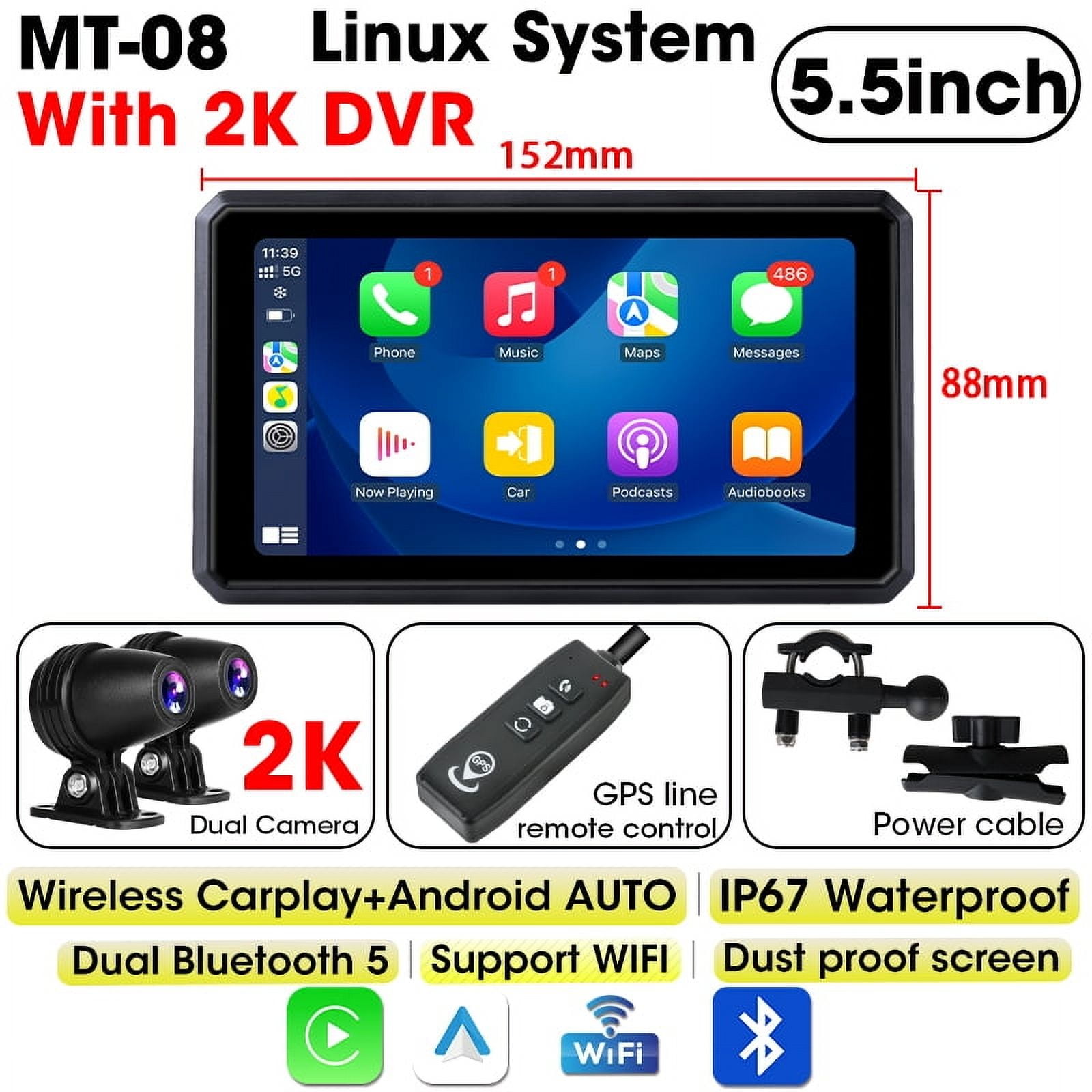 5 inch 2K HD Motorcycle DVR GPS Navigation Wireless CarPlay Android ...