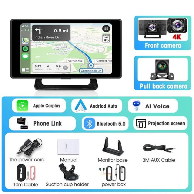 5 inch Car DVR 4K Carplay & Android Auto Wireless Connection Rear ...