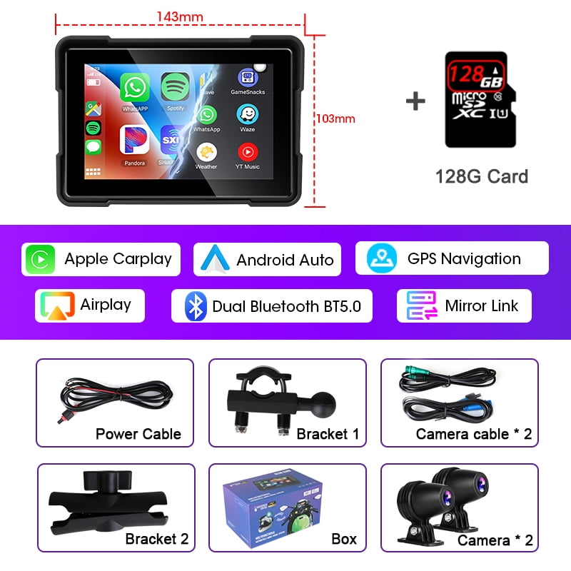 5" inch Motorcycles Navigation GPS DVR Wireless CarPlay Android Auto ...