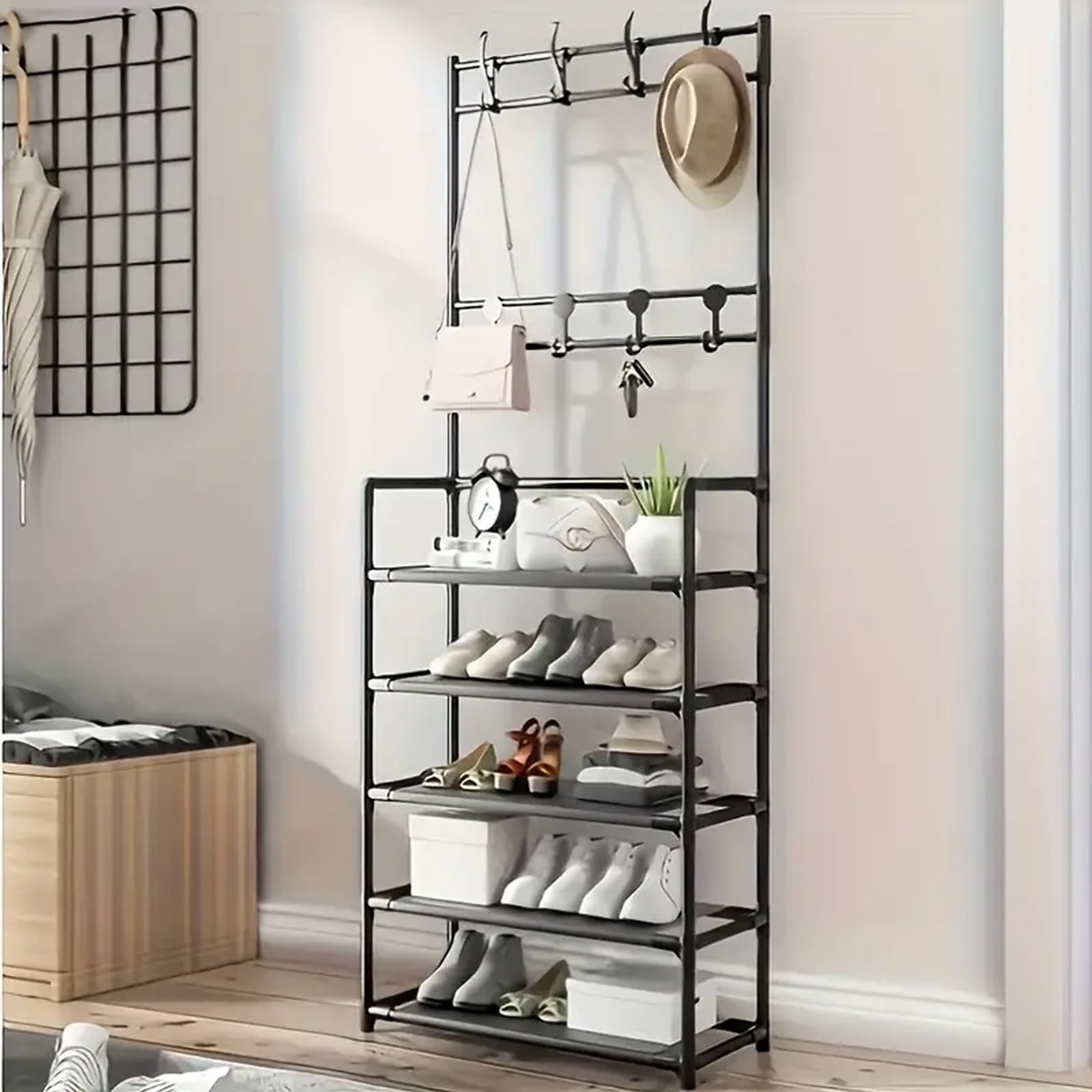 5-layer shoe rack with hooks, coat and accessory entry organizer, space ...