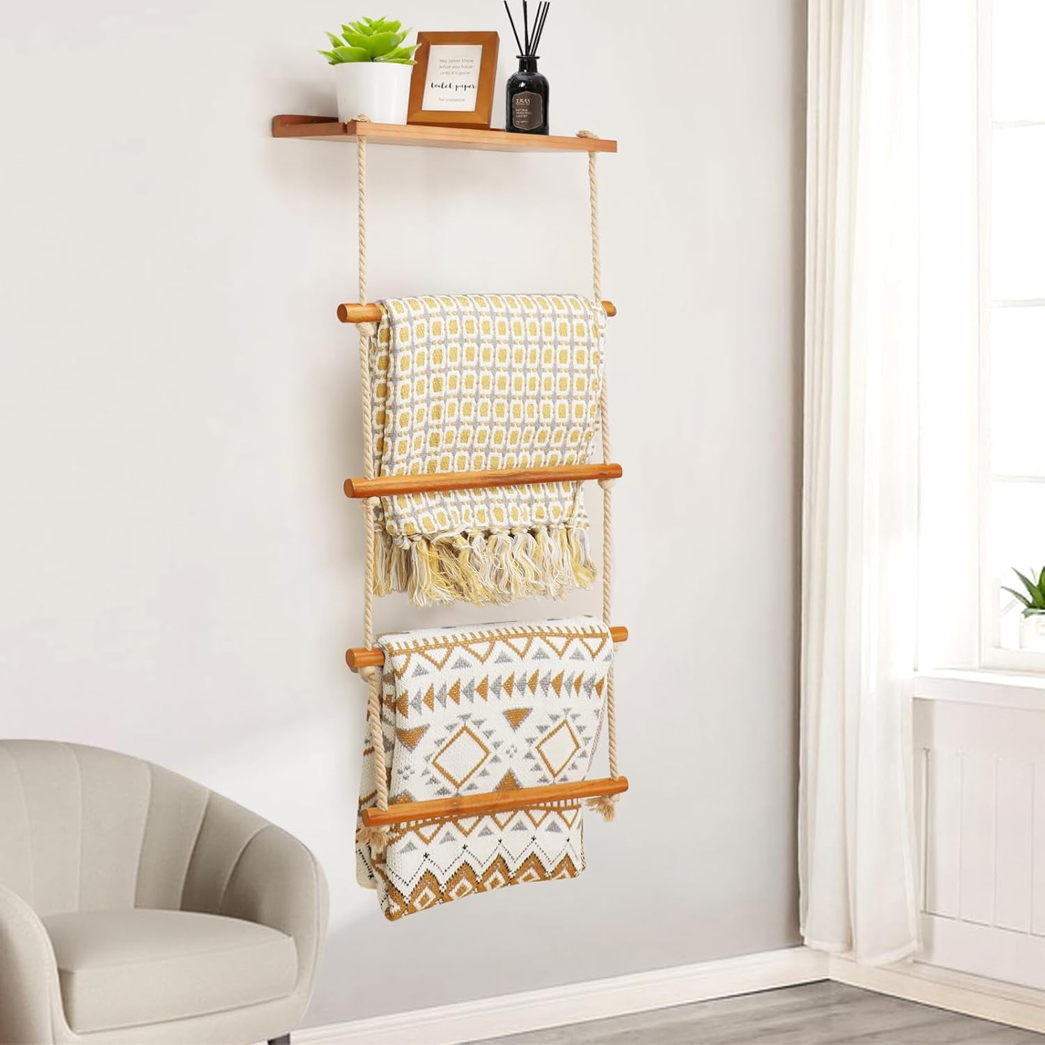 5-layer wooden blanket ladder, 2-in-1 towel rack blanket blanket ...