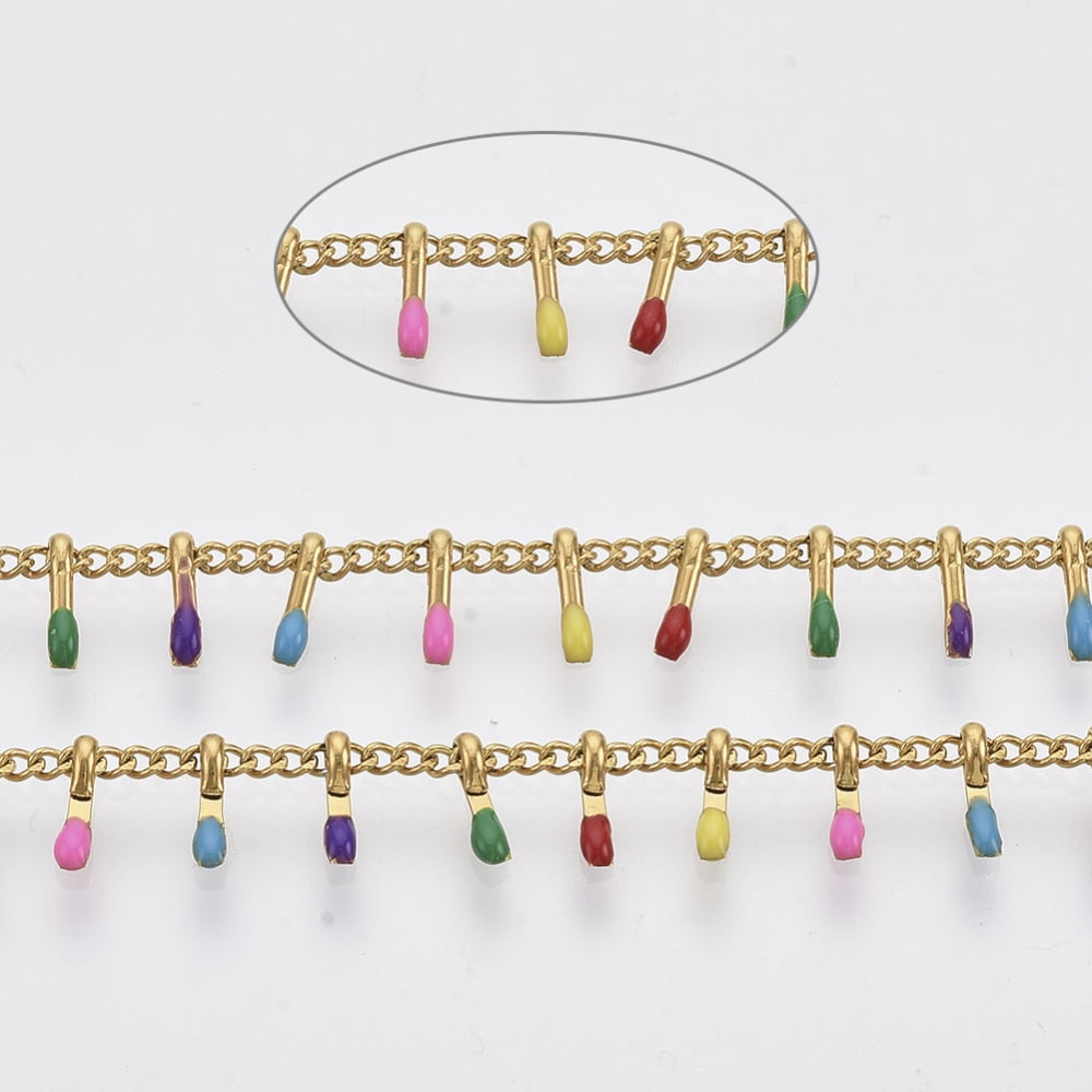 5 m 304 Stainless Steel Curb Chains with Enamel Charms and Spool Soldered Mixed color Charm: 6x1 ...