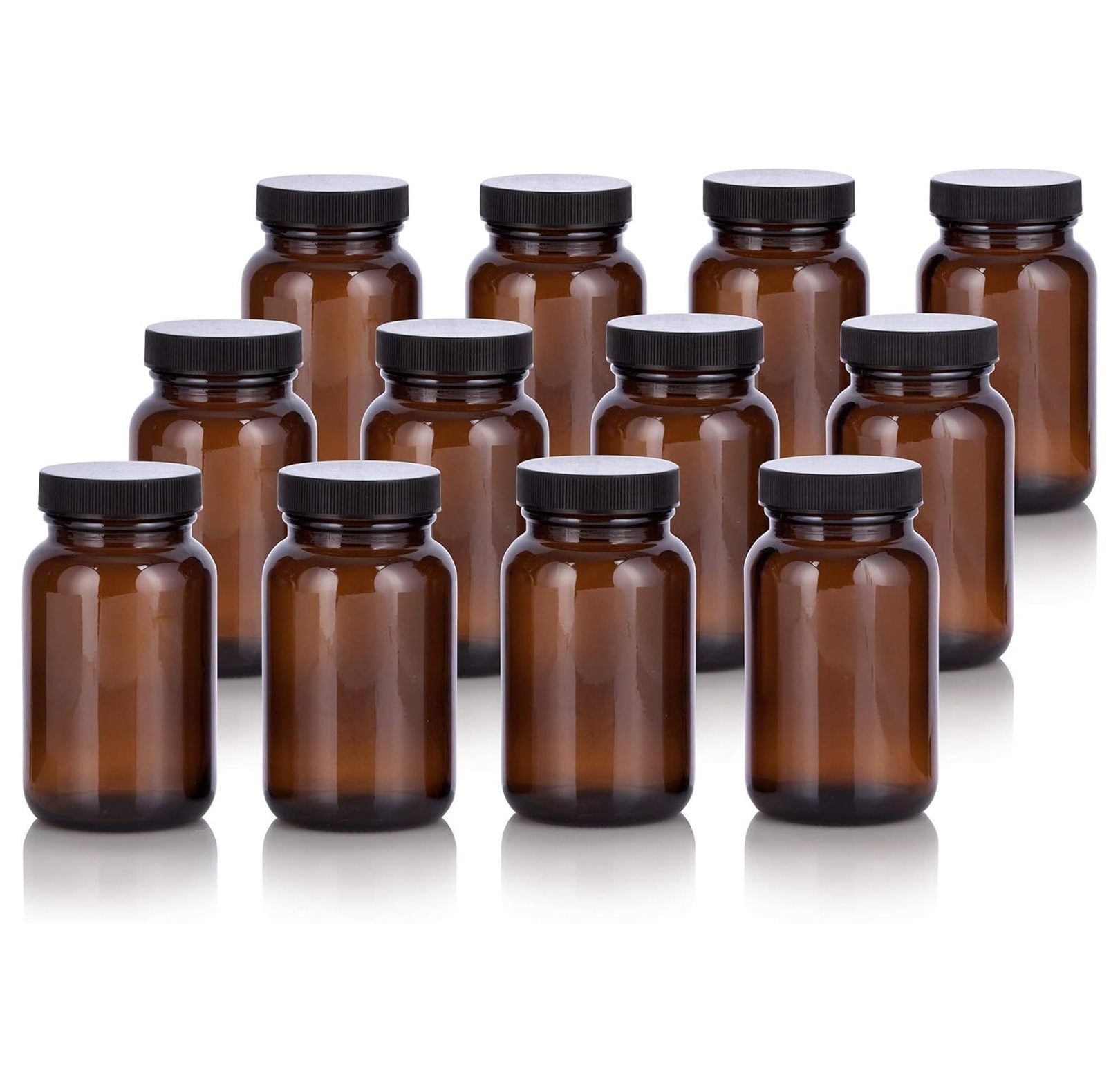 5 oz Amber Glass Packer Wide Mouth Bottle with Black Ribbed Lid (12 ...