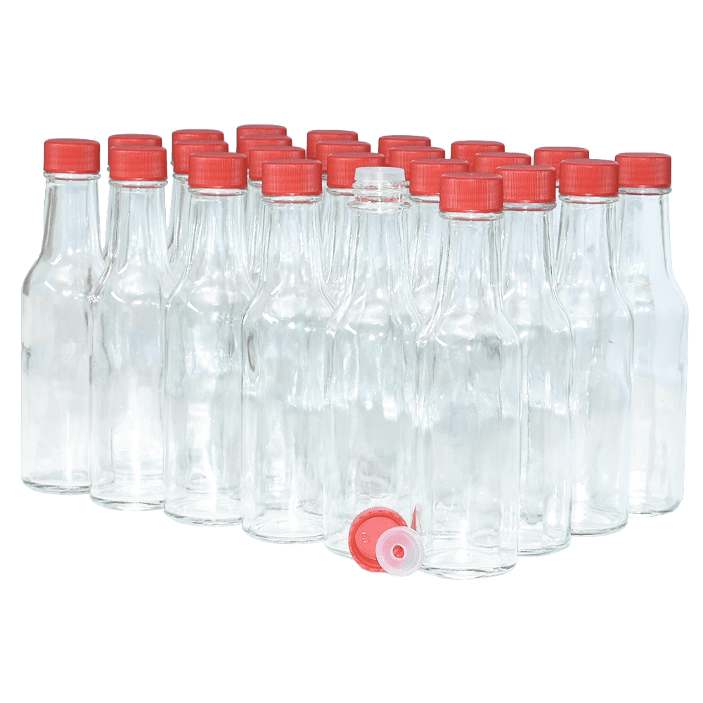 5 oz. Clear Glass Hot Sauce Bottle with Red Cap and Orifice Reducer ...