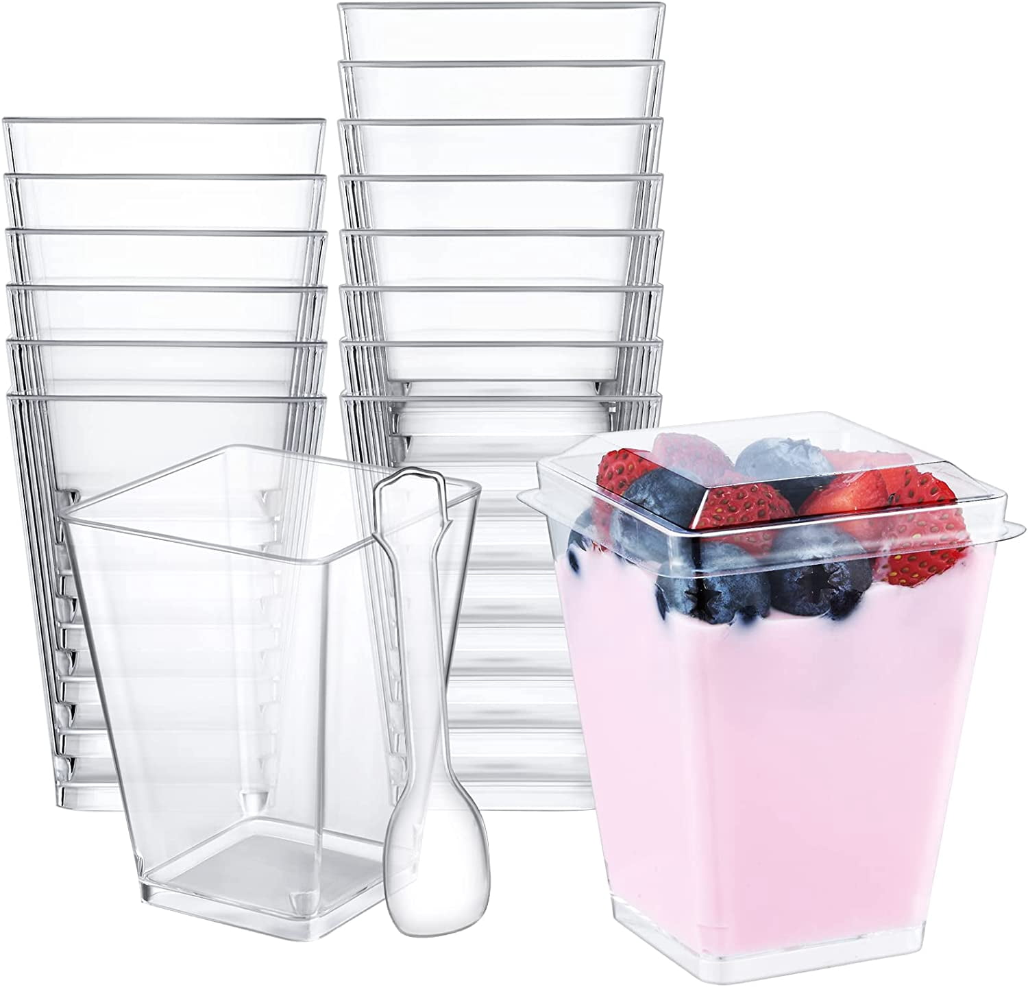5 oz Plastic Dessert Cups with Lids 100 Pack Small Clear Square Parfait ...