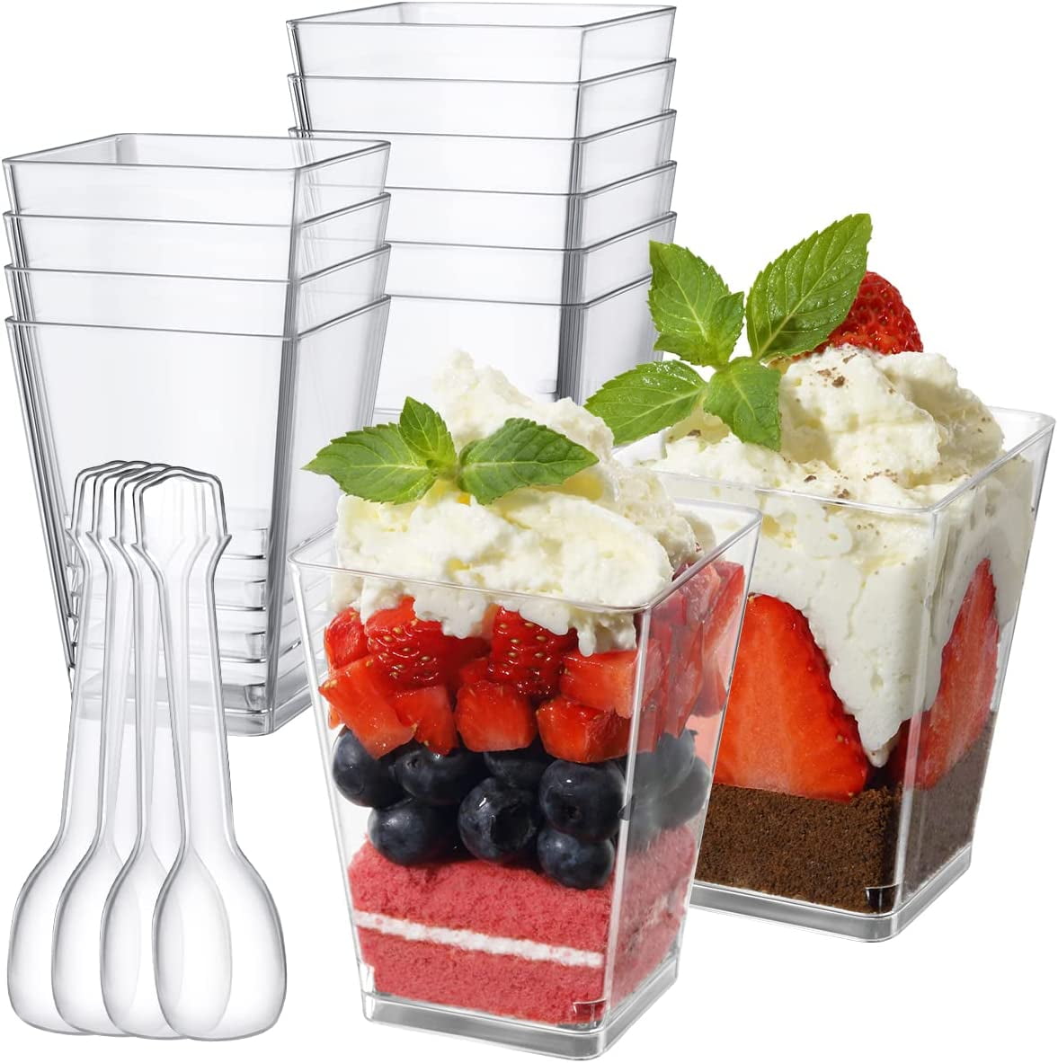 5 oz Plastic Dessert Cups with Spoons 50 Pack, Clear Square Mini ...