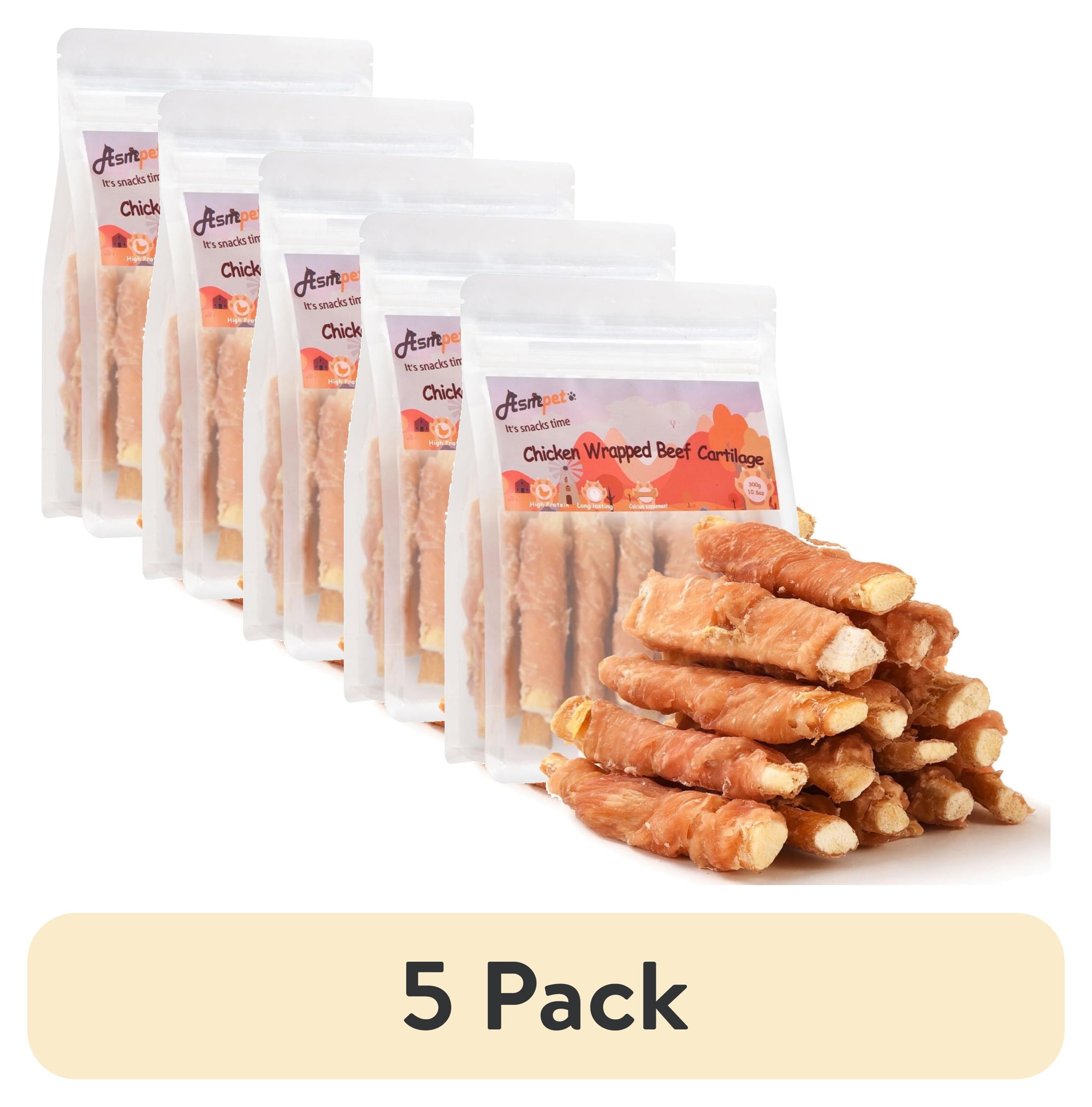 (5 pack) ASMPET Chicken Wrapped Beef Cartilage Dog Treats, Long-Lasting ...