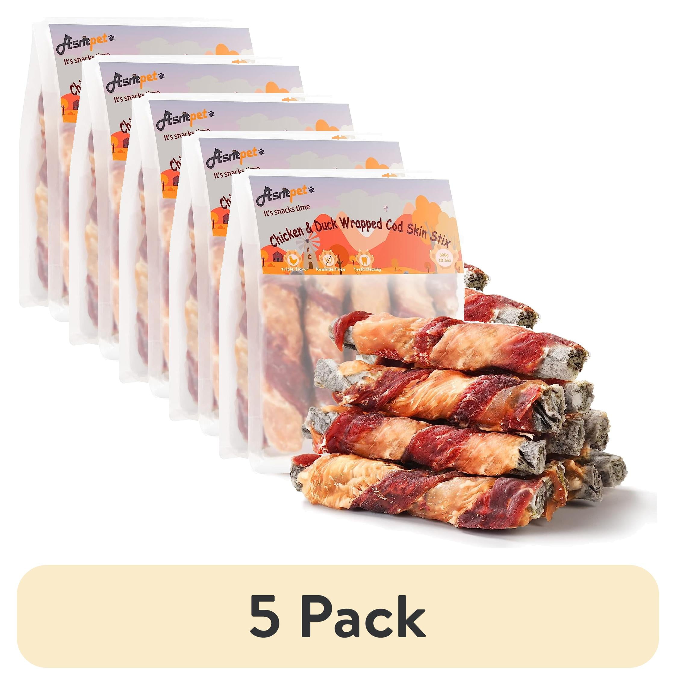 (5 pack) ASMPET Rawhide Free Dog Treats Chicken & Duck Wrapped Cod Skin ...