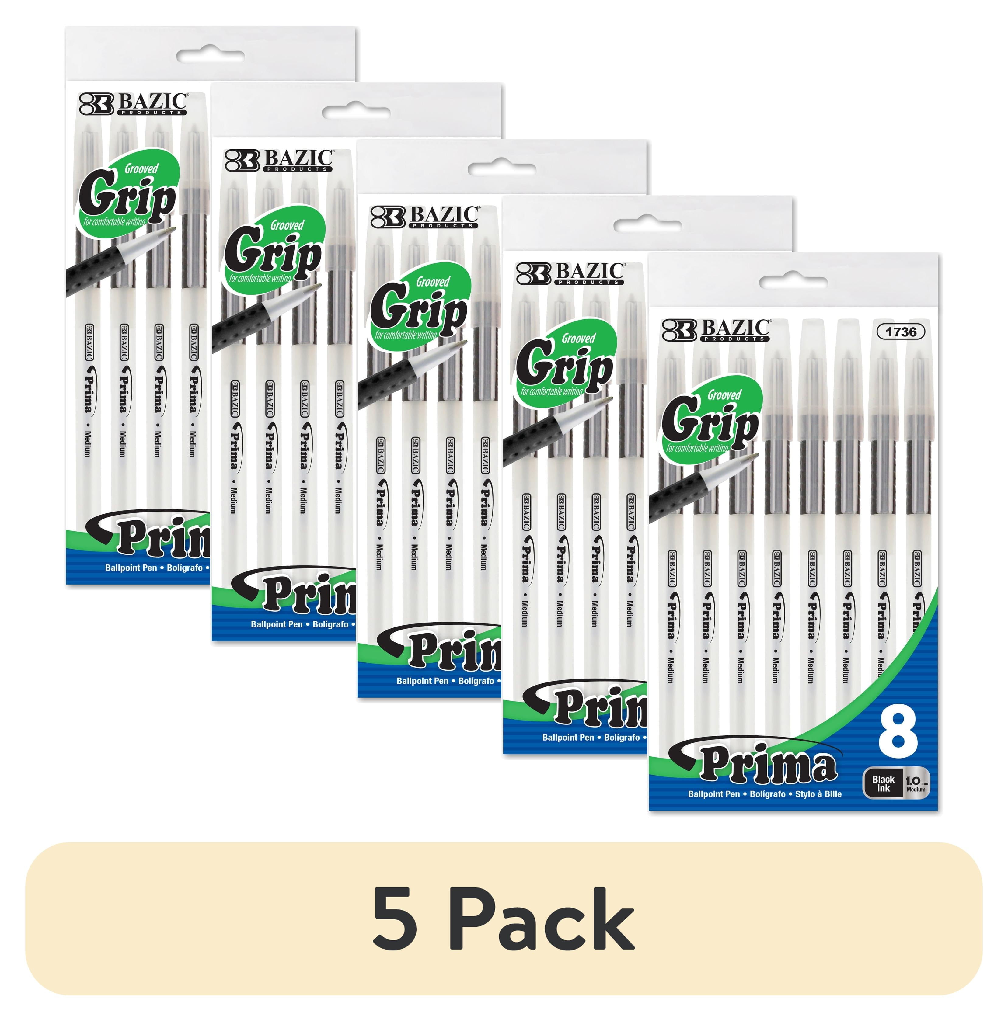 (5 pack) BAZIC Ballpoint Prima Black Stick Pens, Soft Grip 1.0 mm, (8 ...