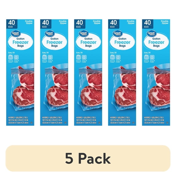 (5 pack) Great Value Freezer Guard Double Zipper Freezer Bags, Gallon ...