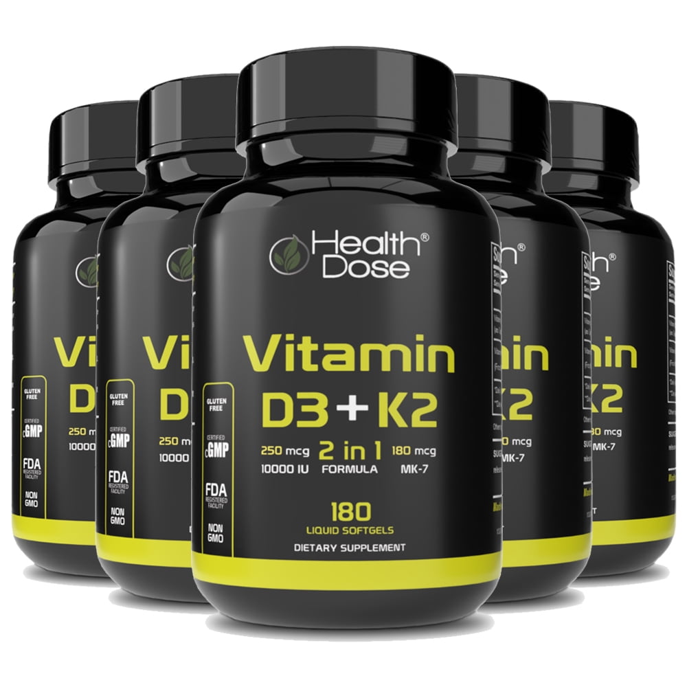 (5 pack) Health Dose Vitamin D3 + K2 10.000 IU With K2 MK-7 with D3 ...