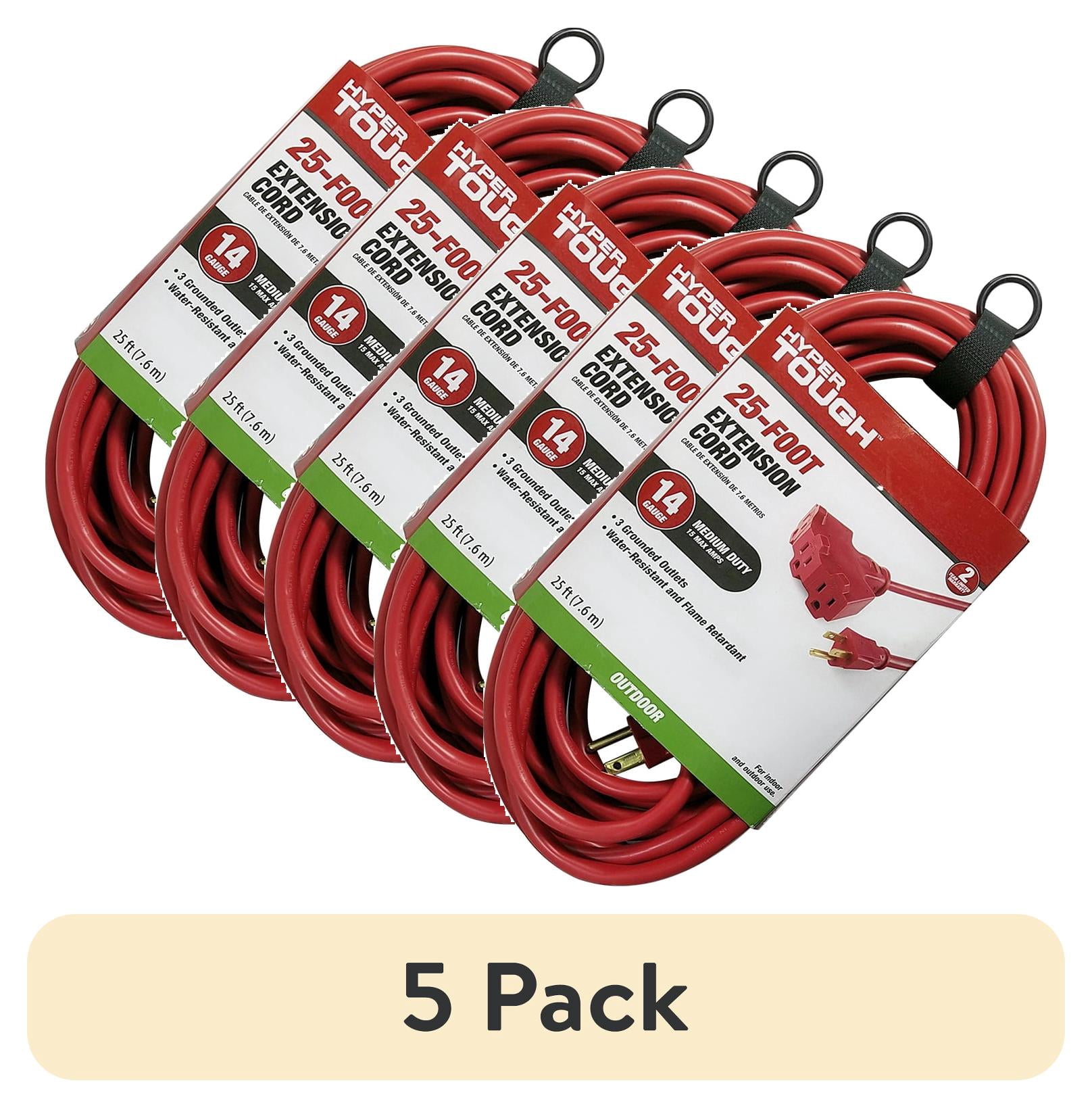 (5 pack) Hyper Tough 25FT 14AWG 3-Prong Red Outdoor Extension Cord with ...
