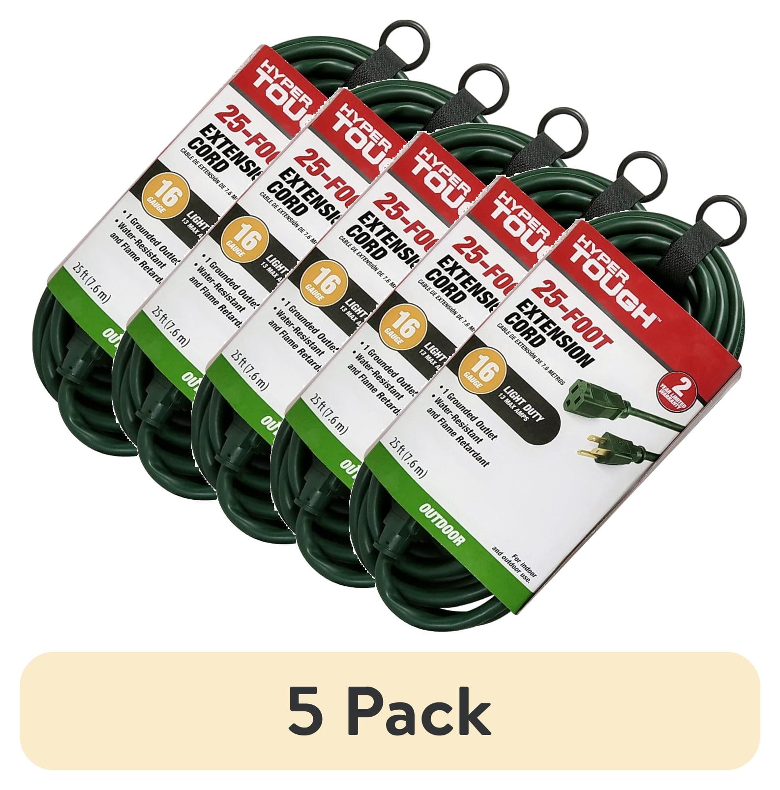 (5 pack) Hyper Tough 25 ft 16AWG 3-Prong Green Single Outlet Outdoor ...