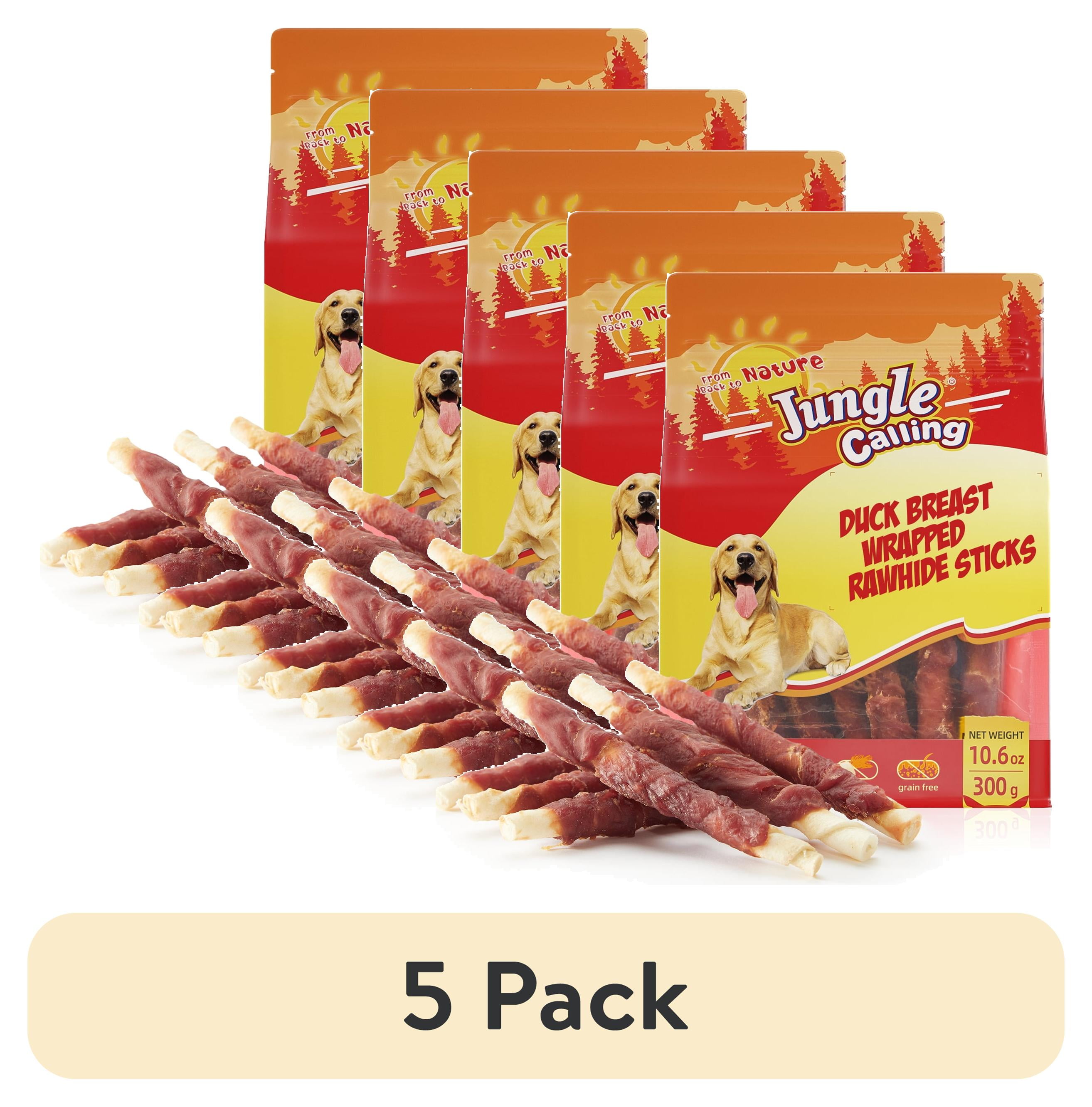 (5 pack) Jungle Calling Dog Treats Duck Wrapped Rawhide Sticks Grain ...