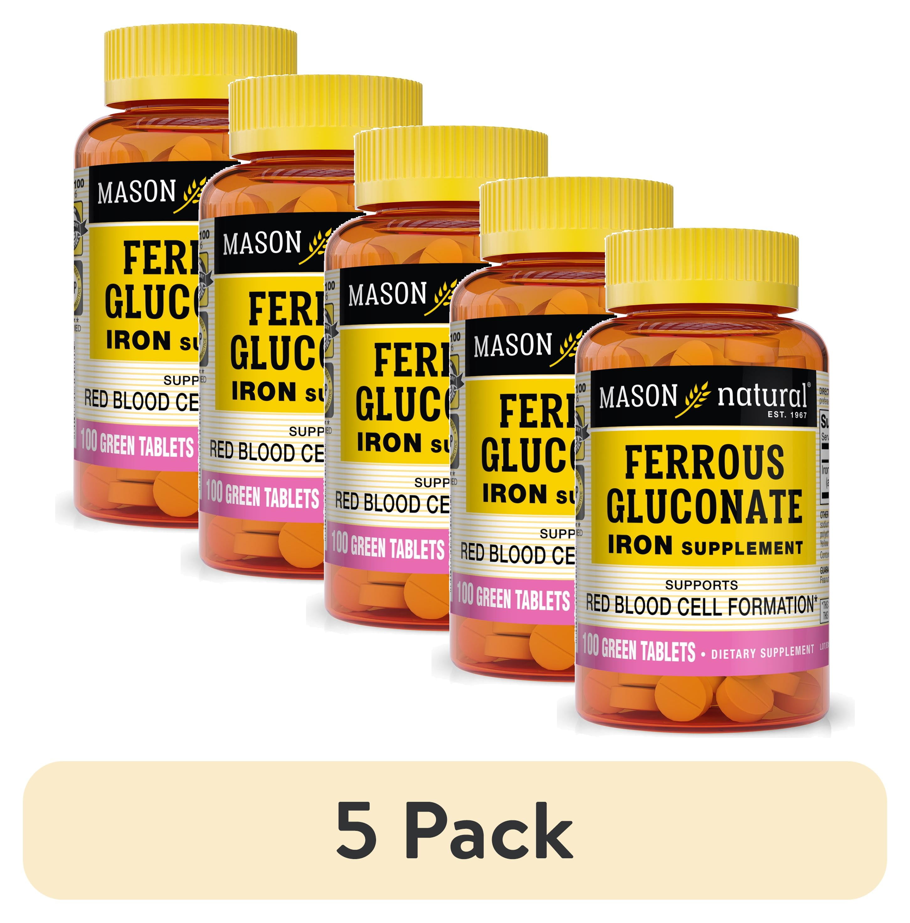 (5 pack) Mason Natural Iron Supplement Ferrous Gluconate 27 mg, 100 ...