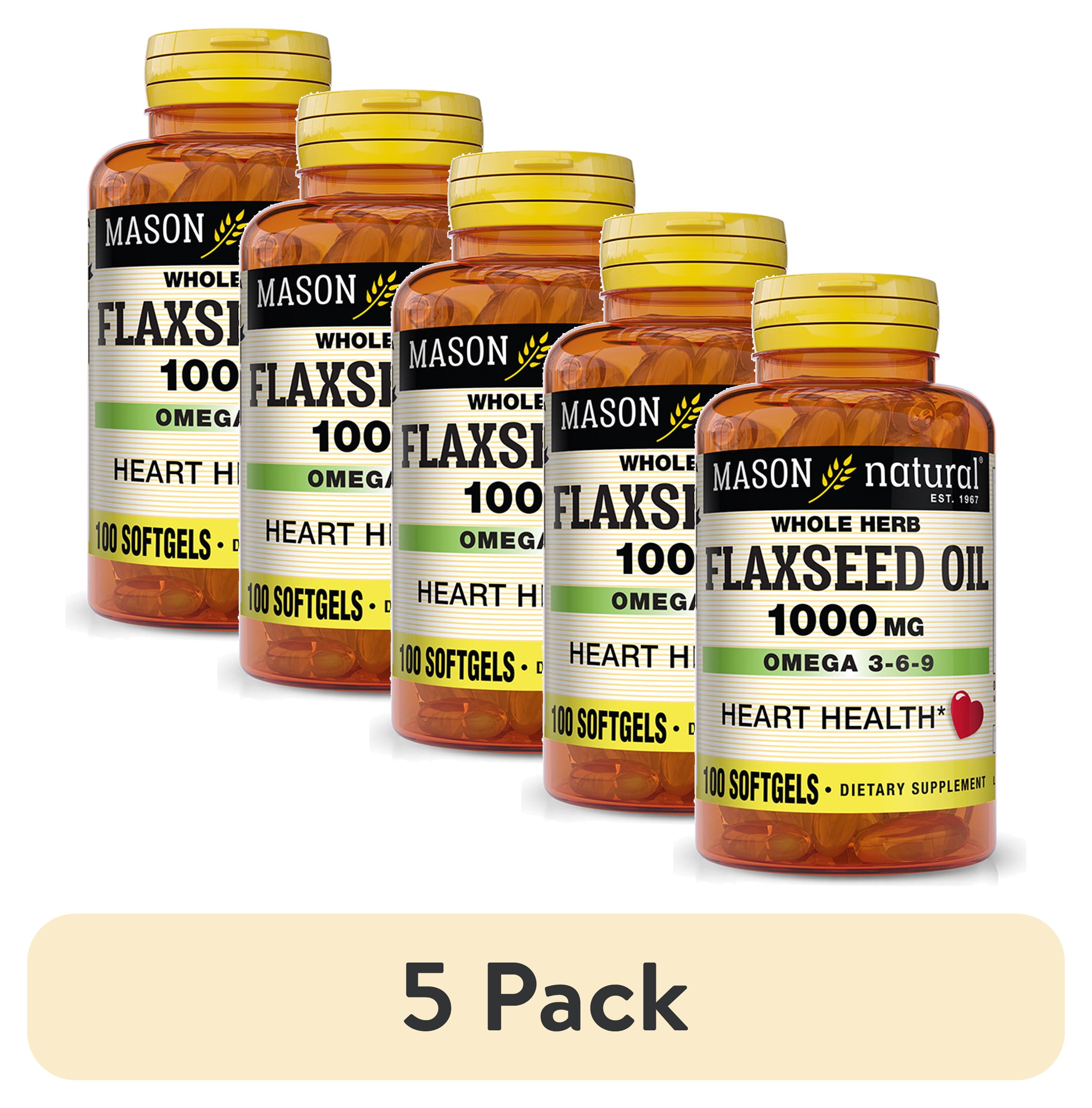 (5 pack) Mason Natural Flax Seed Oil 100 Softgels - Omega 3-6-9 ...