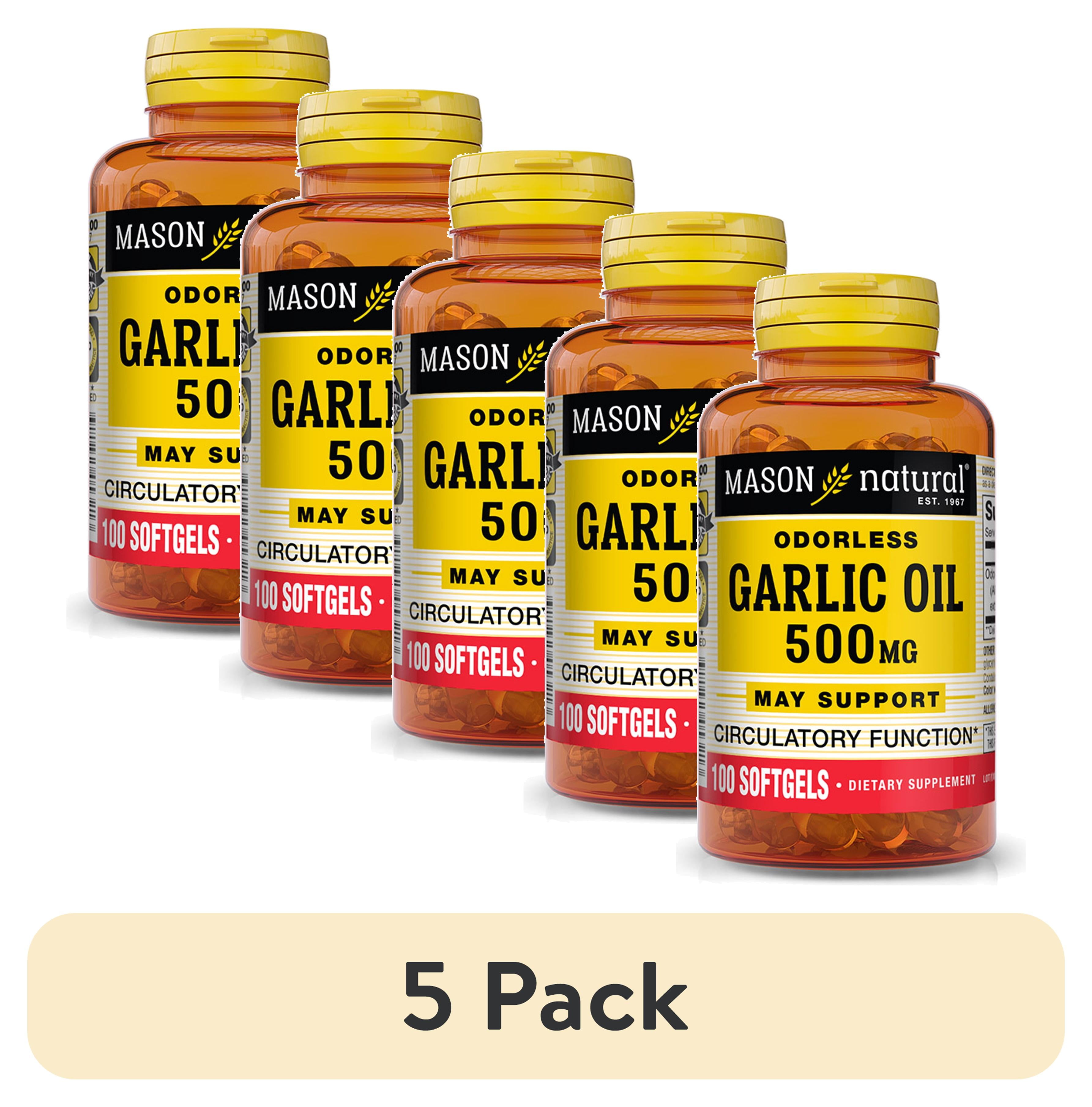 (5 pack) Mason Natural Garlic Oil 100 Softgels - Odorless Allium ...