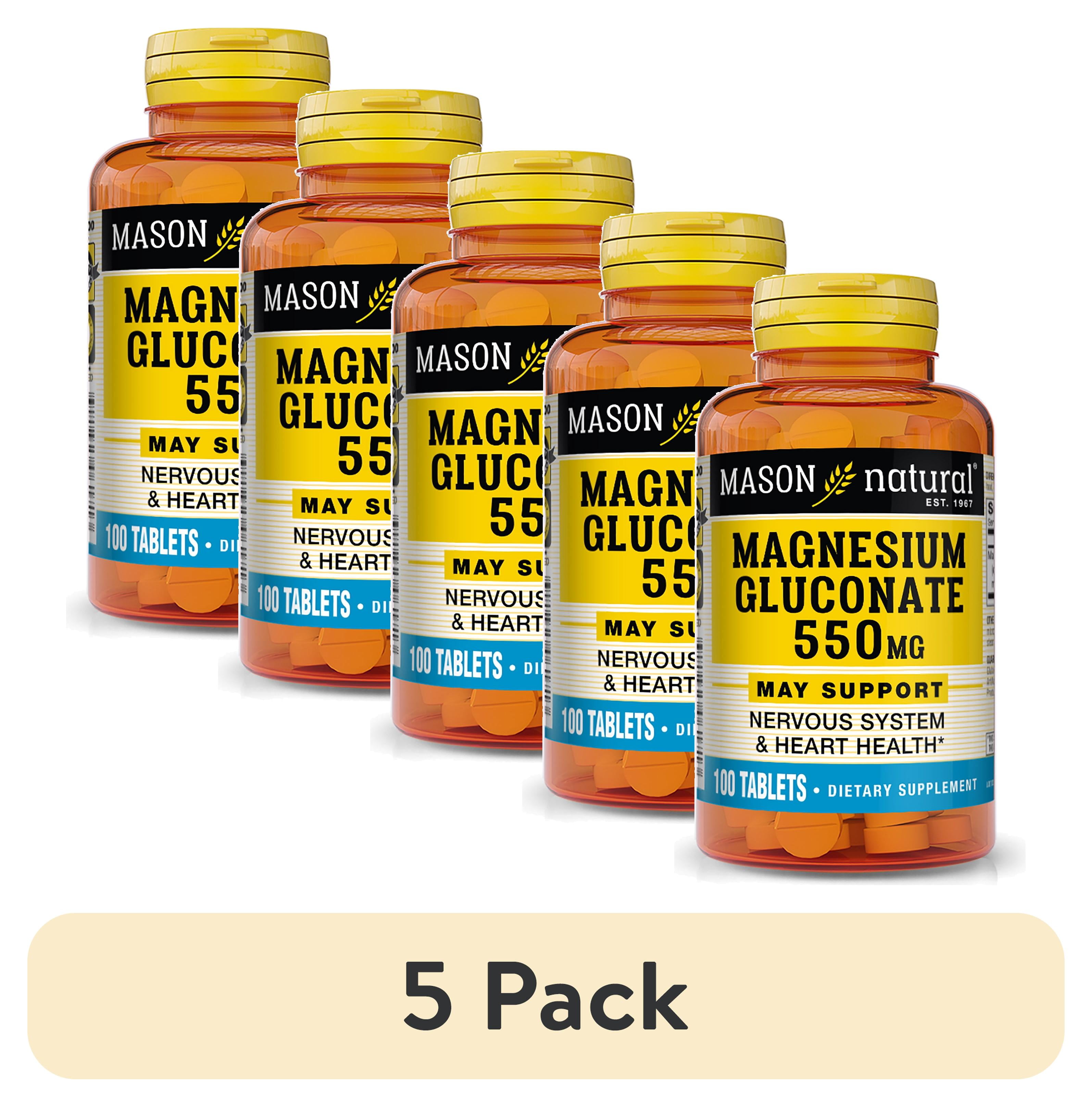 (5 pack) Mason Natural Magnesium Gluconate 100 Tabs, Heart Nervous ...