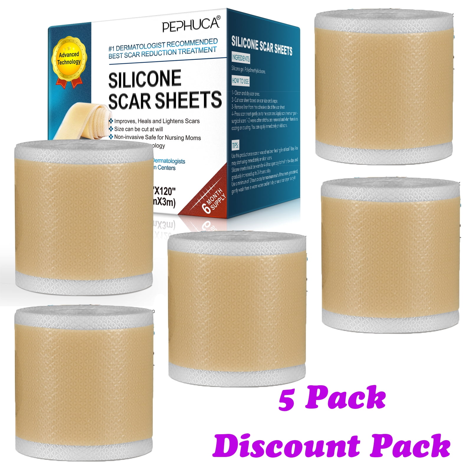 (5 pack) Medical Grade Silicone Scar Sheets - 1.6" x 120" Reusable ...