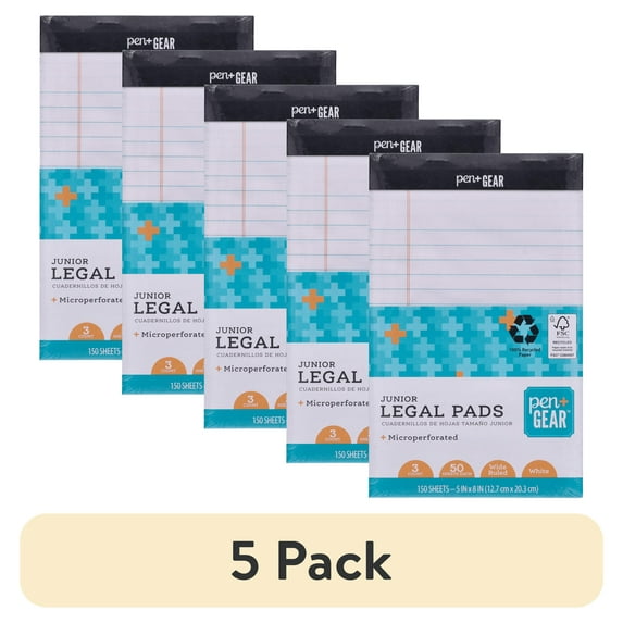 (5 pack) Pen + Gear Jr. Legal Pads, White Color Paper, 50 Sheets, 3 ...