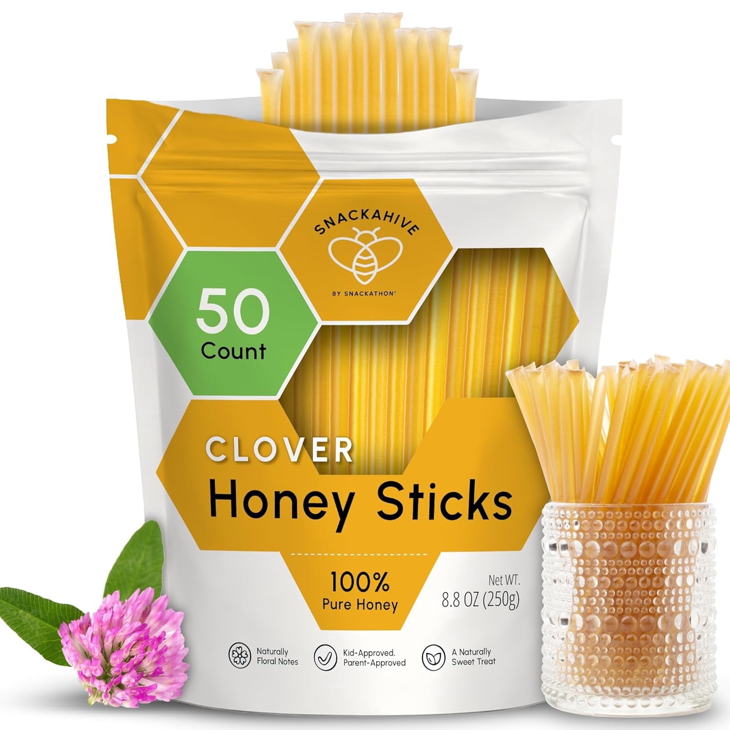 (5 pack) Snackathon Honey Sticks, Clover Blossom Pure Honey, 50 Count ...