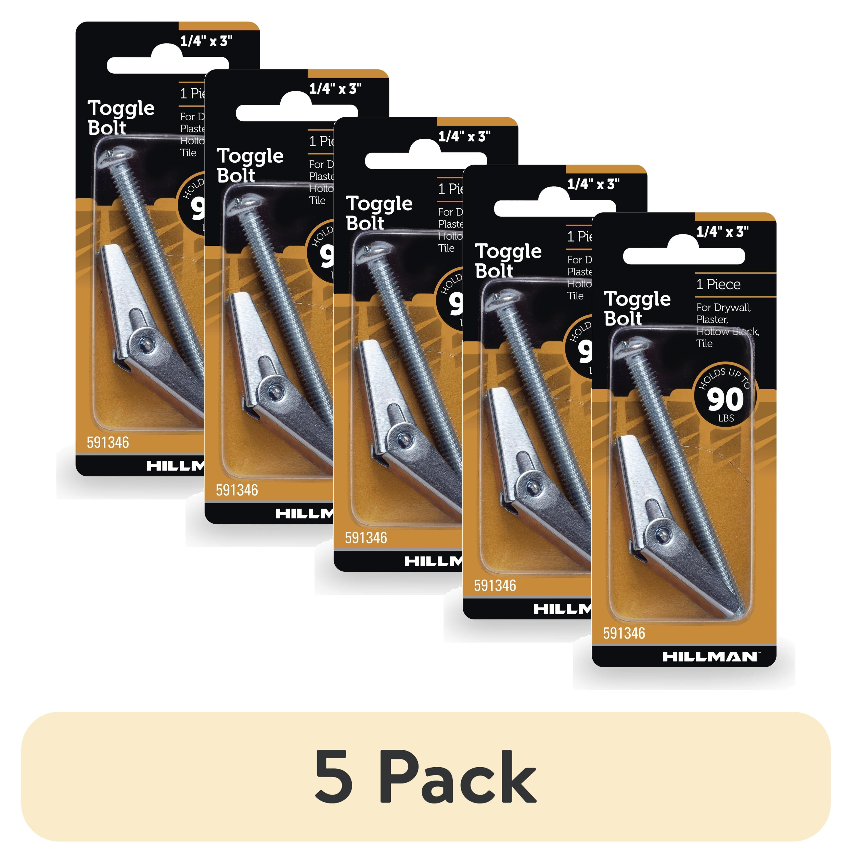 (5 pack) Hillman Toggle Bolts, 1/4 x 3", Steel, Multi-Material, 90 lbs ...