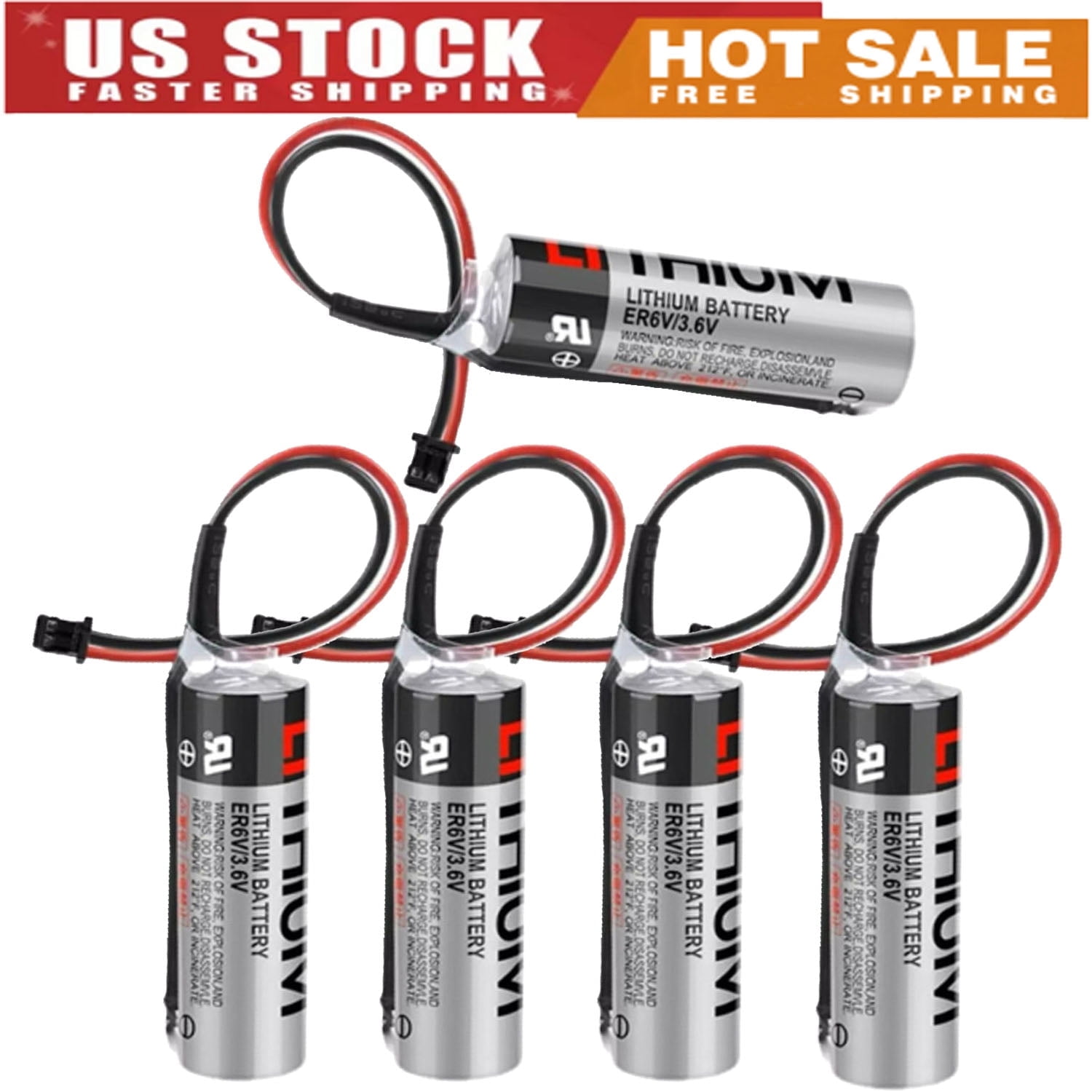 (5-packs )ER6VC119A ER6V/3.6V 3.6V 2400mAh PLC Battery Lithium Battery with Black Plug For ...