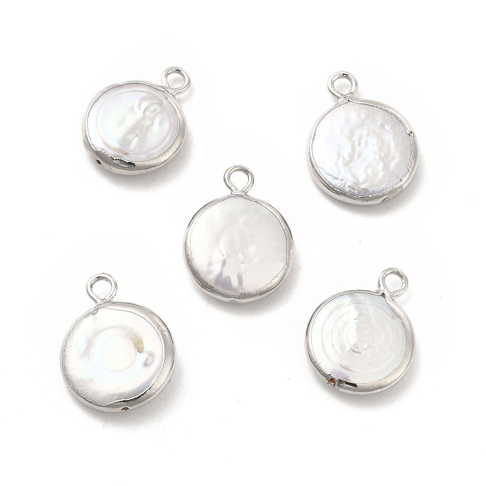 5 pc Baroque Natural Keshi Pearl Pendants Flat Round Charms with Brass ...