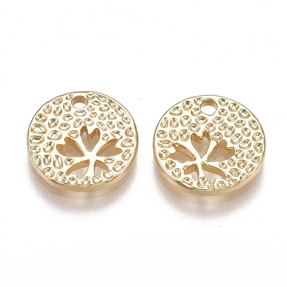 5 pc Brass Charms Real 18K Gold Plated Flat Round with Clover 11x2mm ...