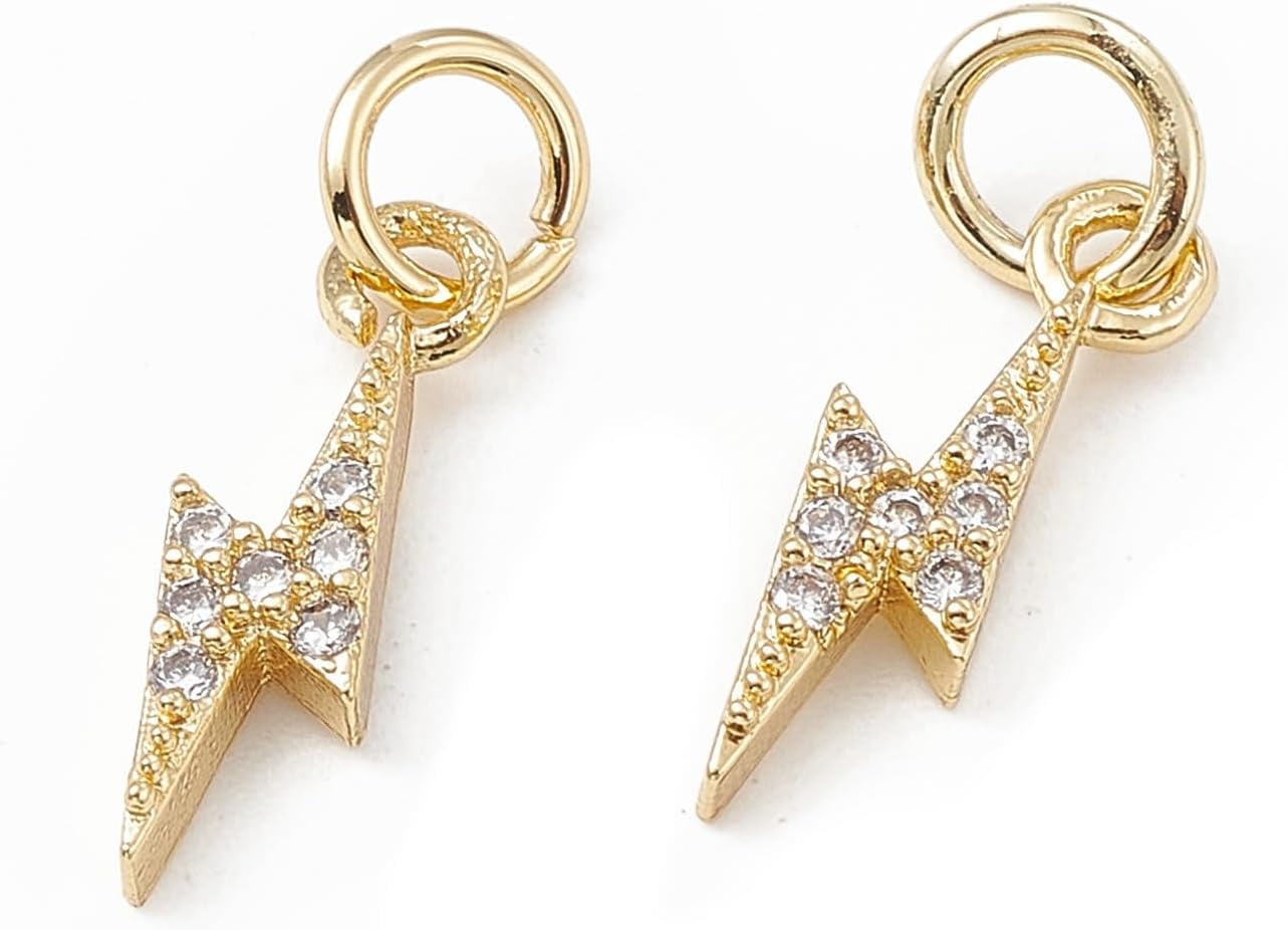 5 pc Brass Micro Pave Cubic Zirconia Charms with Jump Ring Lightning Bolt Charm Real 18K Gold ...