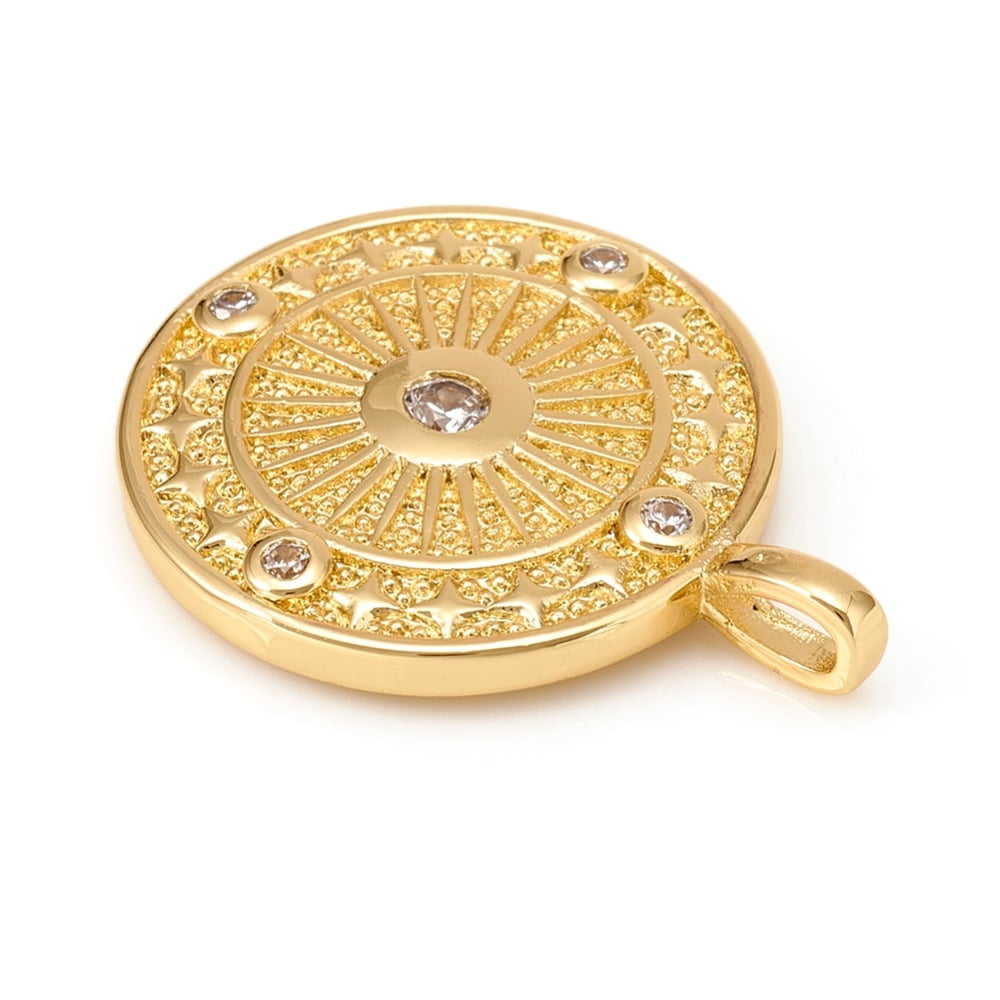 5 pc Brass Micro Pave Cubic Zirconia Pendants Flat Round with Sun ...