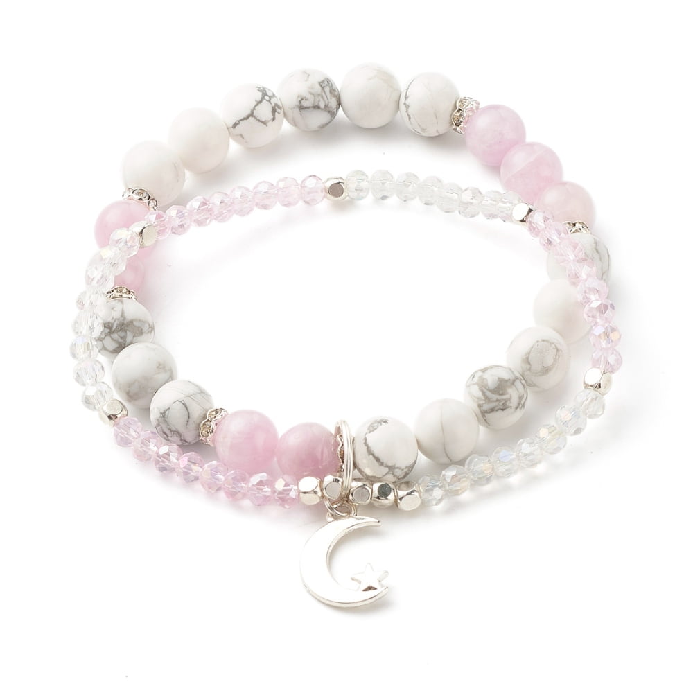 5 pc Moon and Star Charm Multi-strand Bracelet Natural Howlite Kunzite ...