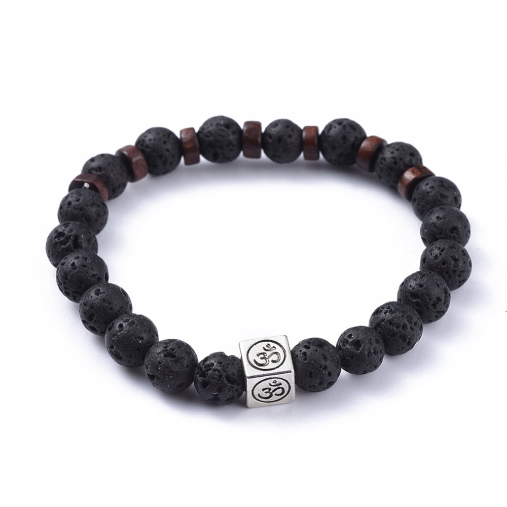 5 pc Natural Lava Rock Stretch Bracelets with Wood Beads and Tibetan ...