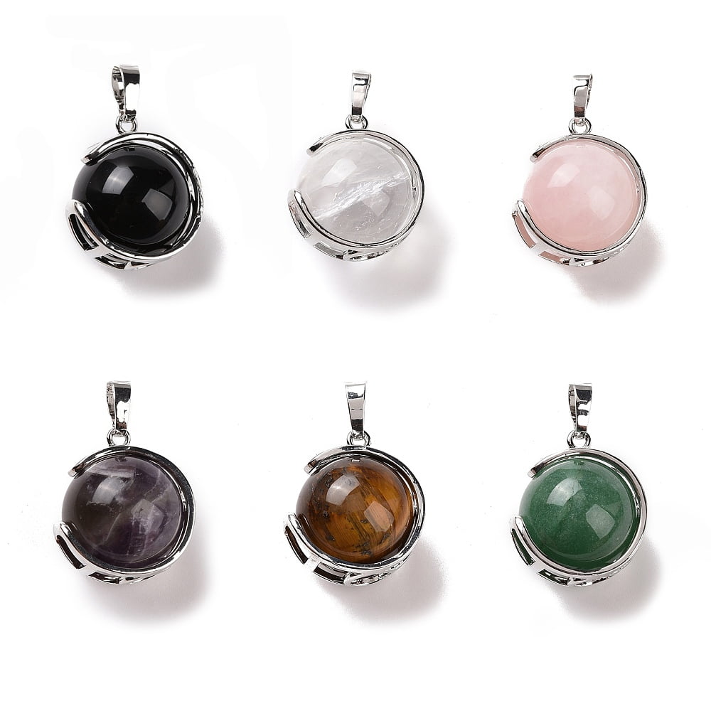 5 pc Natural Mixed Stone Pendants Ball Sphere Charms with Platinum Tone ...