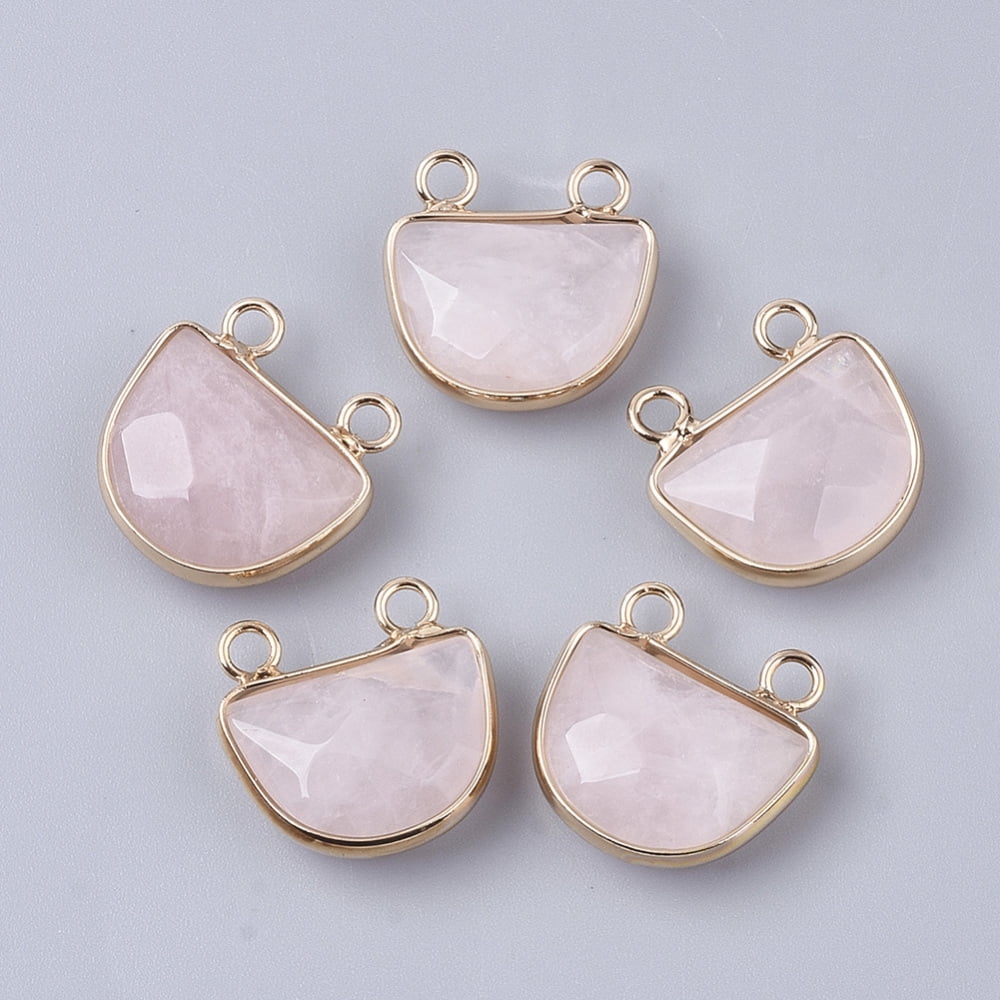 5 pc Natural Rose Quartz Semi Circle Pendants with Golden Tone Brass ...
