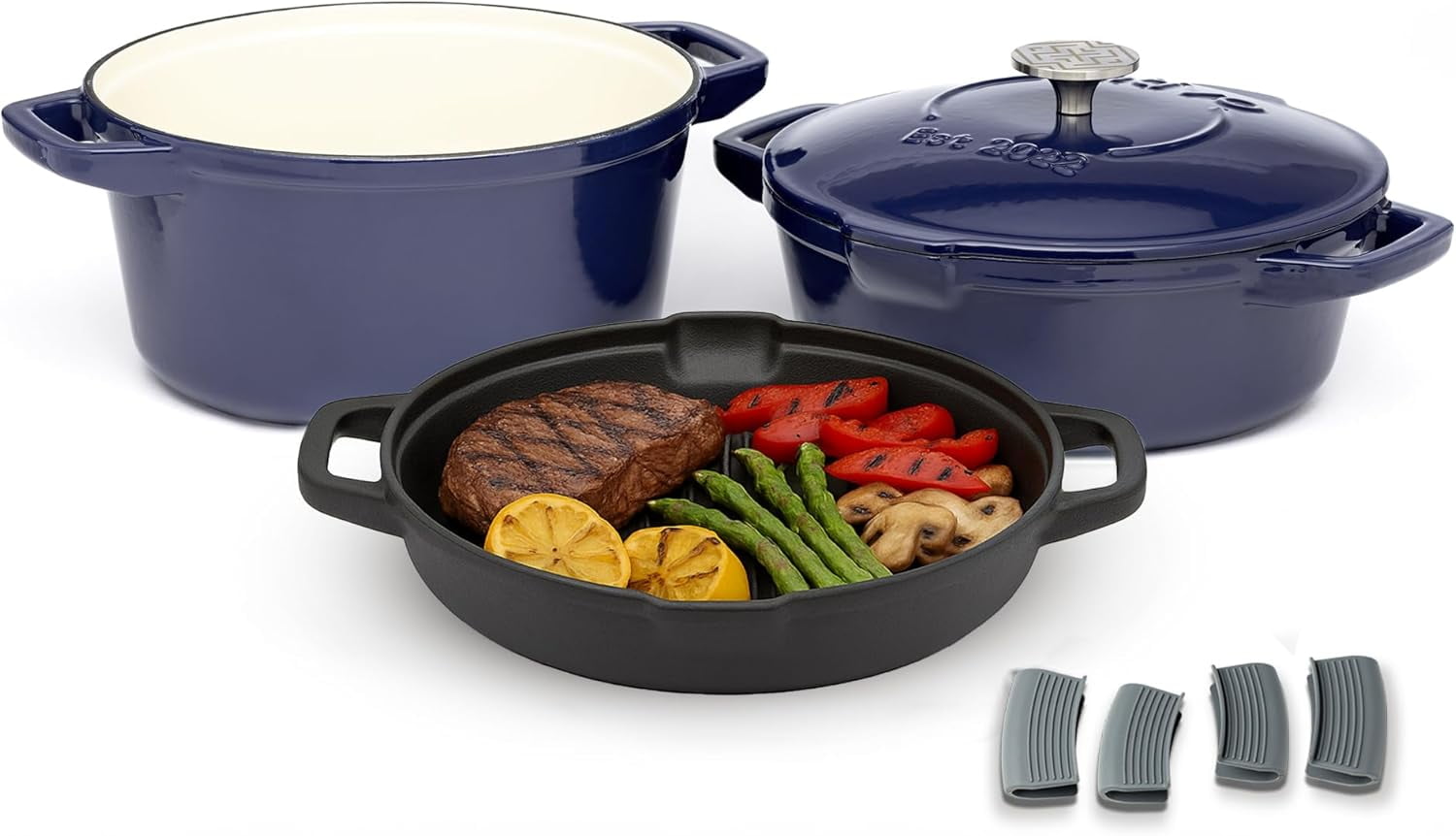 5 pc Stackable Cast Iron Cookware Set, Versatile Enamel Dutch Oven ...