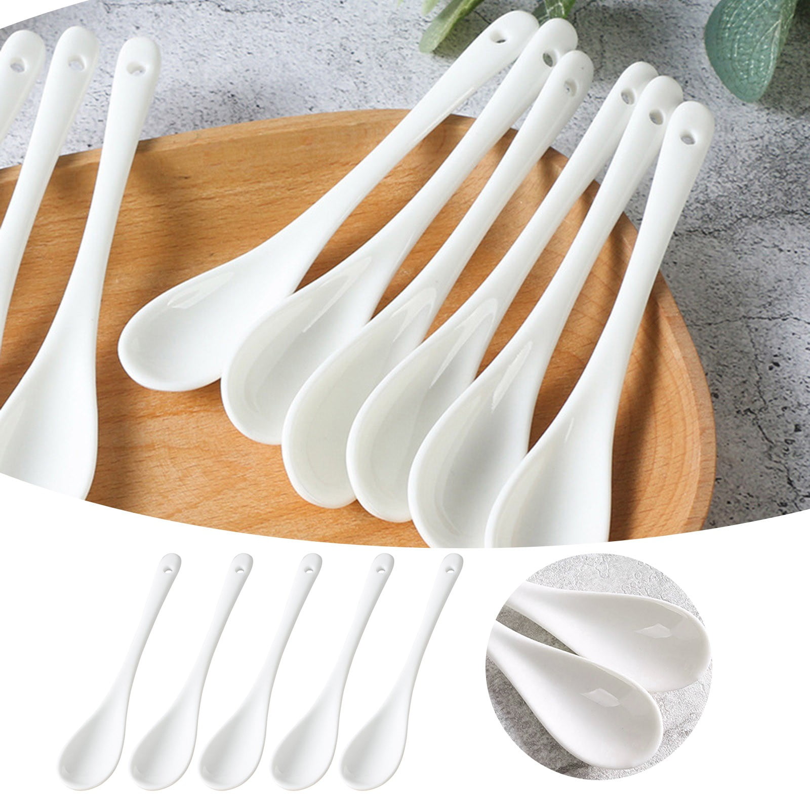 5 pcs Ceramic Spoon 5 inch White Long Handle Ceramic Spoons, Stirring ...