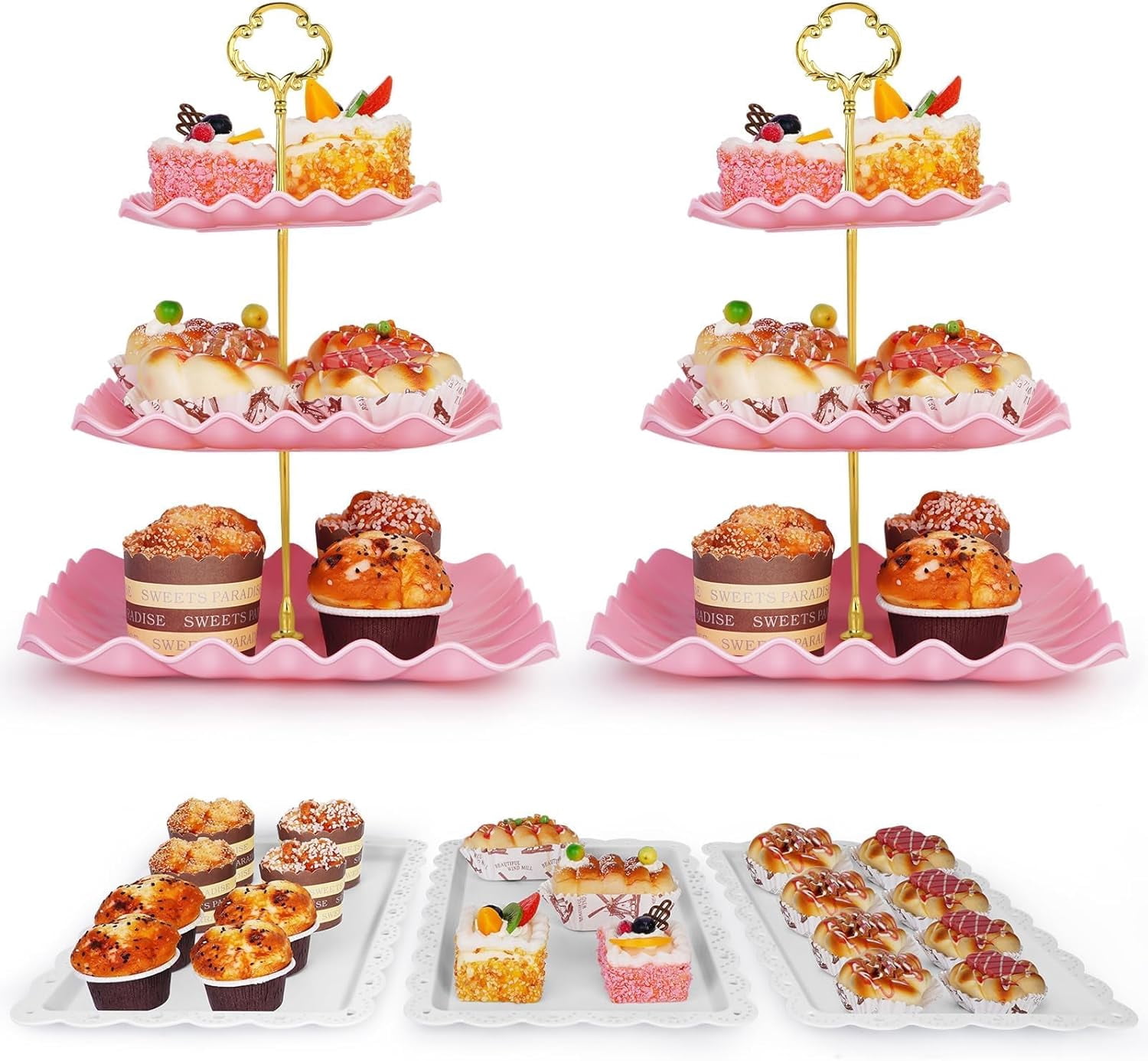 5 pcs dessert display stands, 2pcs dessert stands 3 pcs tray, pink ...