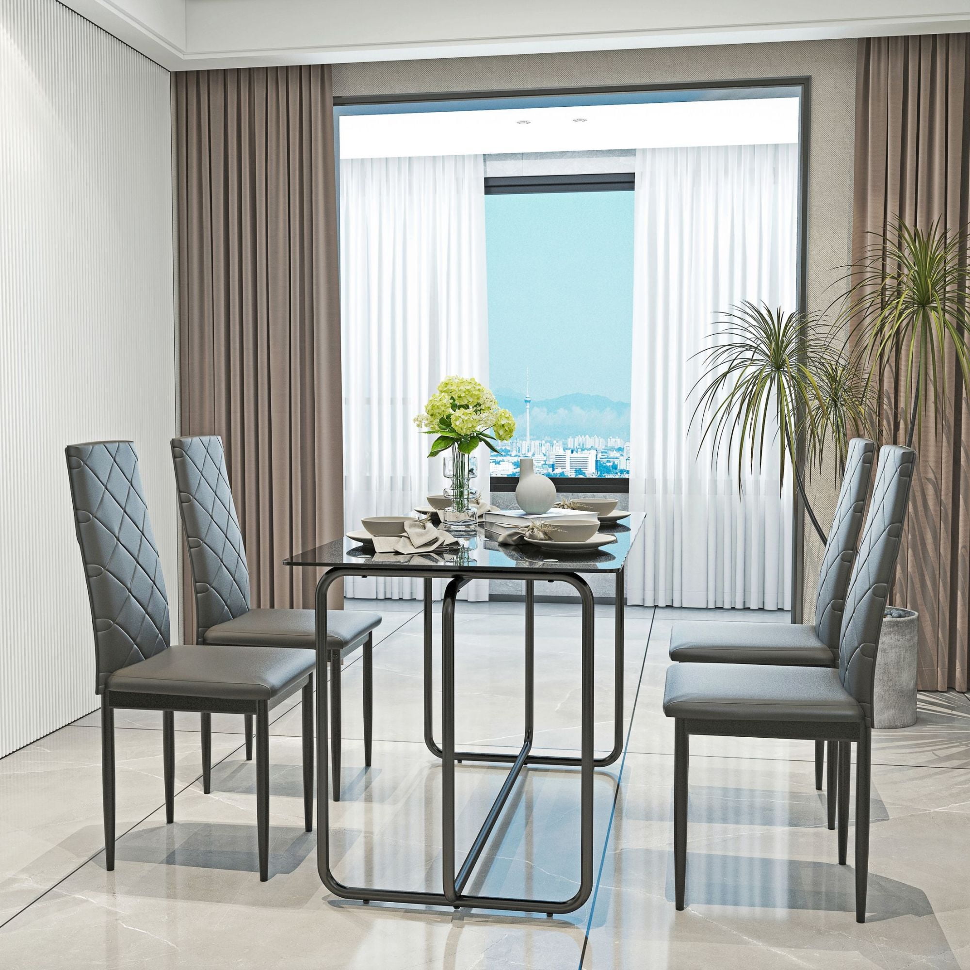 5-piece Rectangle Dining Table Set with Metal Frame, Tempered Glass ...