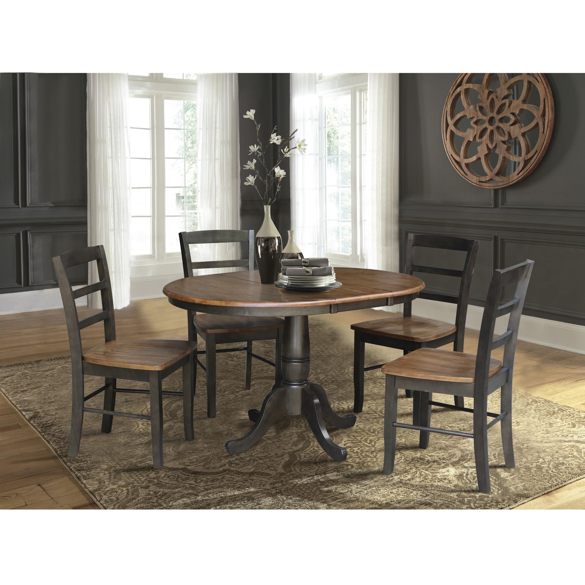 5 piece Solid Wood Dining Set with 36 Round Extension Pedestal Table and 4 Madrid Ladder Back Chairs in Hickory Washed coal by International Concepts Walmart