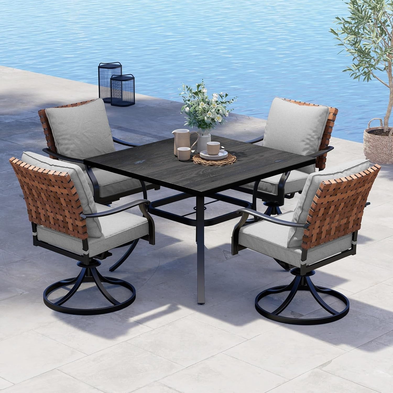 5 piece alfresco dining set, 4 leather-looking wicker rotating patio ...