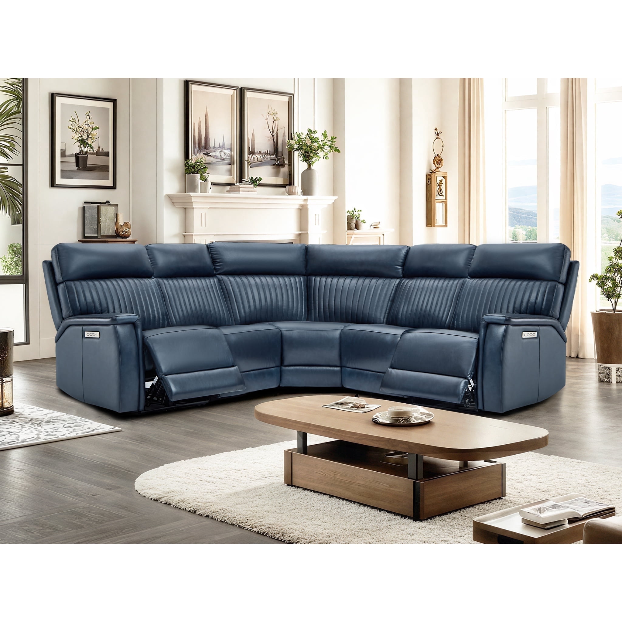 5-seat L-Shaped Genuine Leather Blue Triple Power Reclining Sectional ...