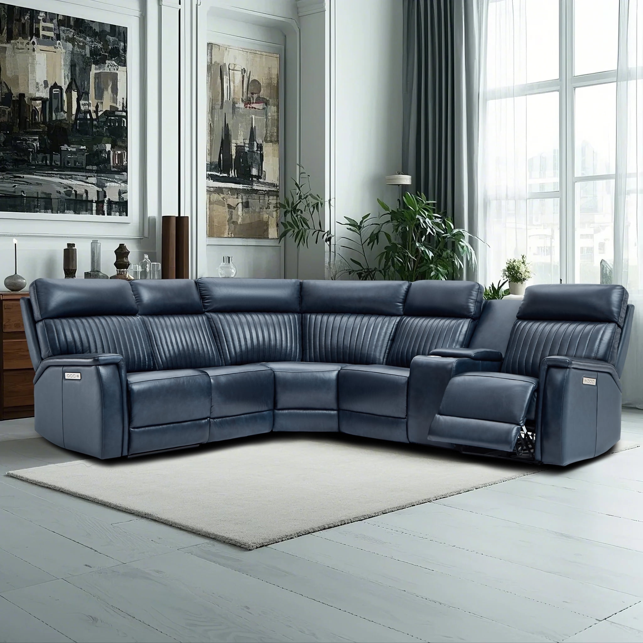 5-seat L-Shaped Genuine Leather Blue Triple-Power Reclining Sectional ...