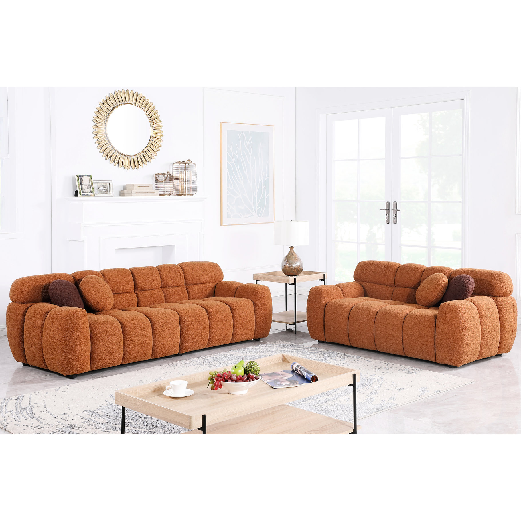 5 - seat light brown boucle sofa with split back design for primary ...