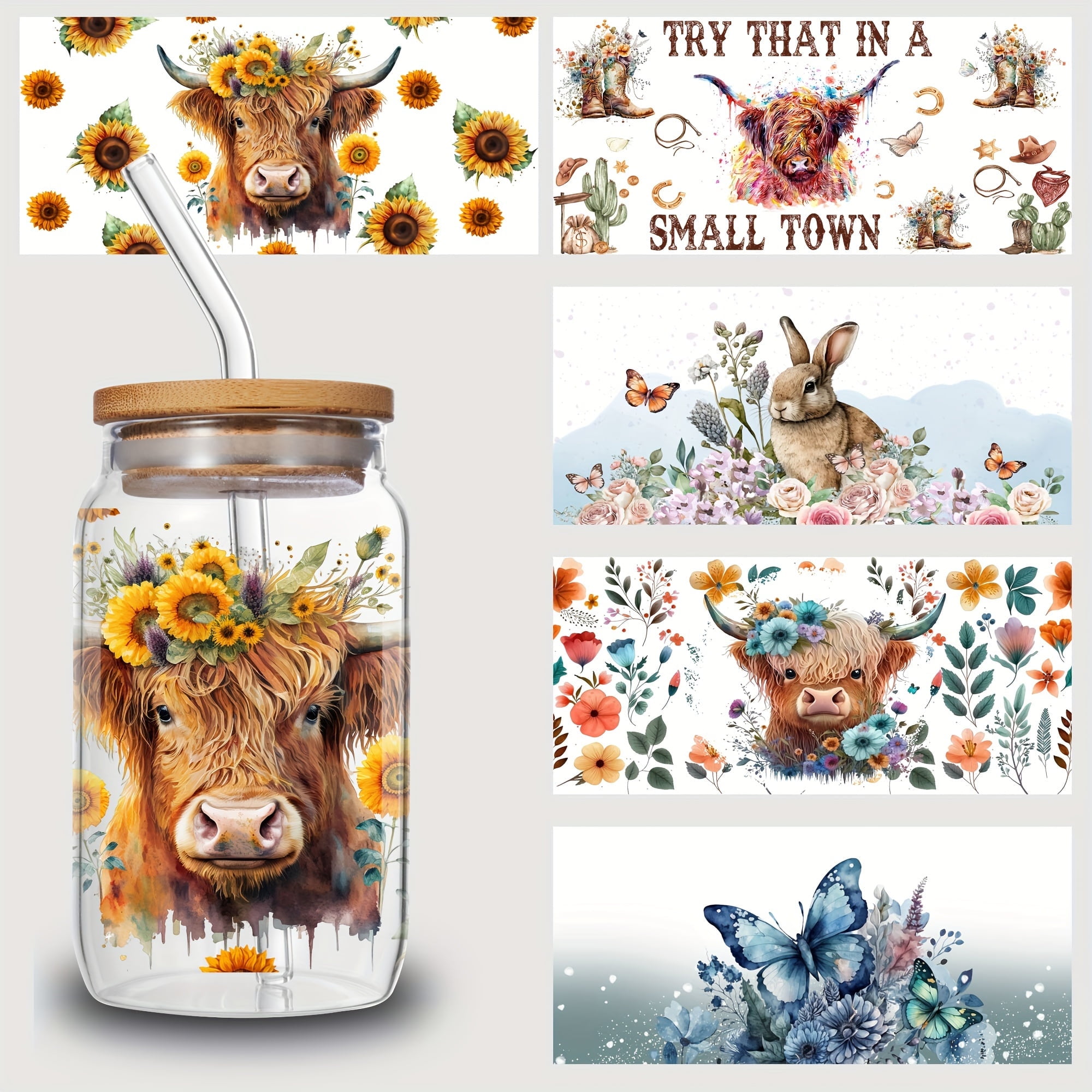 5 sheets Animal UV DTF Transfer Sticker Glass Cups Diy Wrap Transfer ...