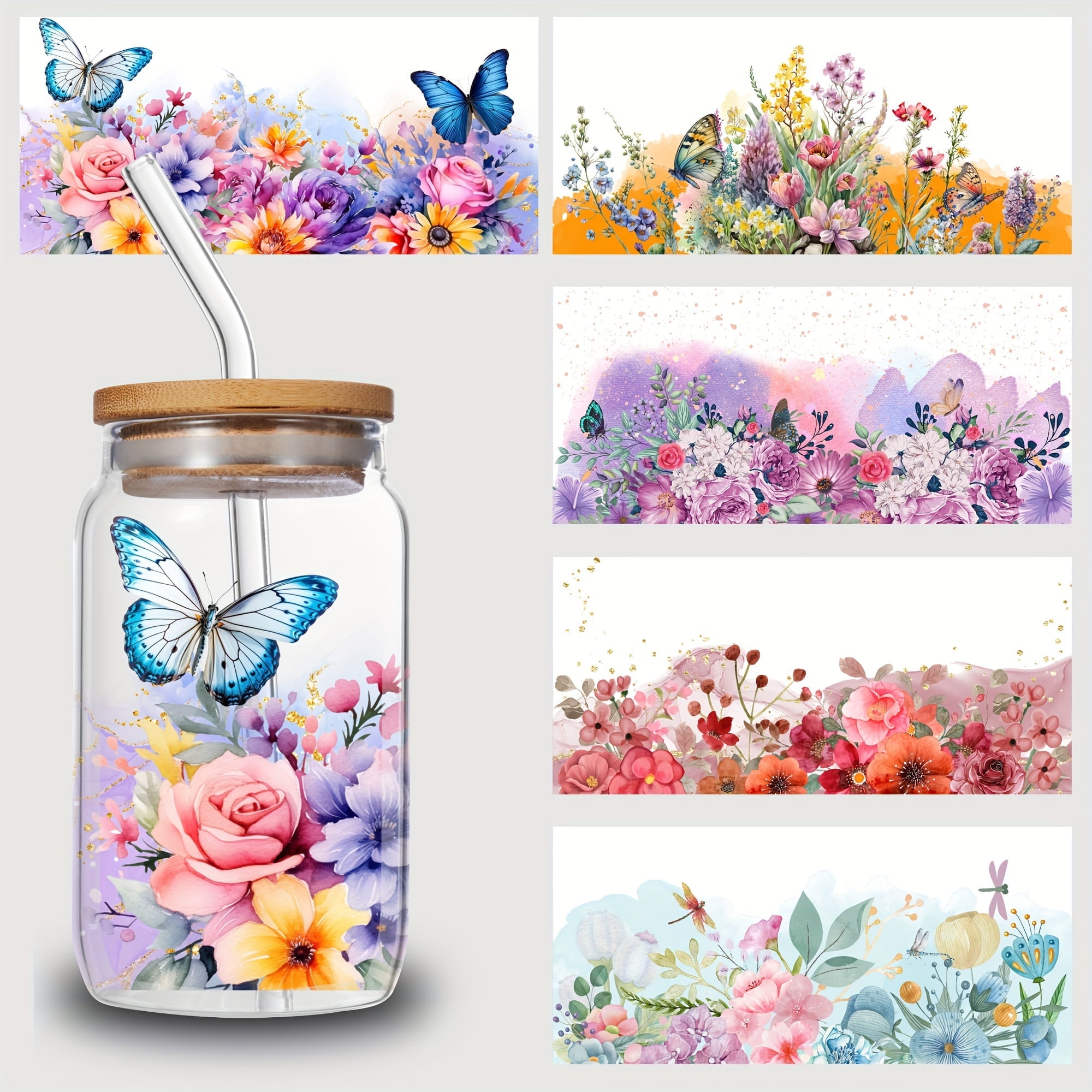 5 sheets flower UV DTF Transfer Sticker Glass Cups Diy Wrap Transfer ...