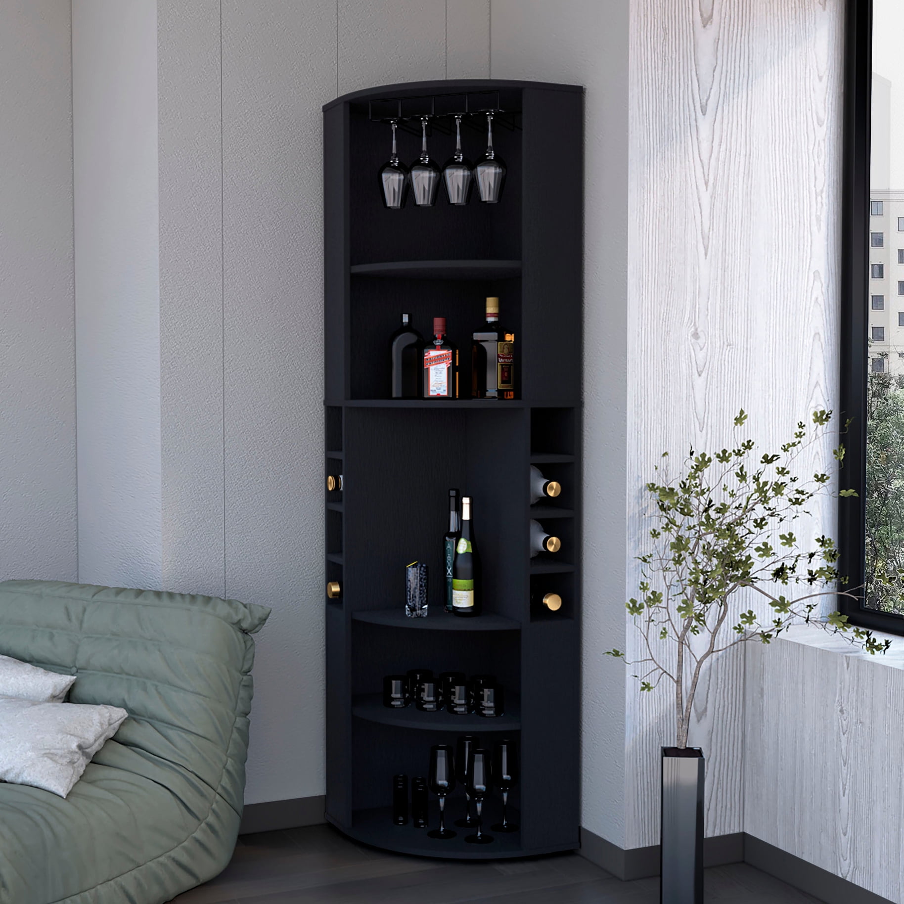 5-shelf Black Corner Bar Cabinet - Ample Space For Liquors & Glassware ...