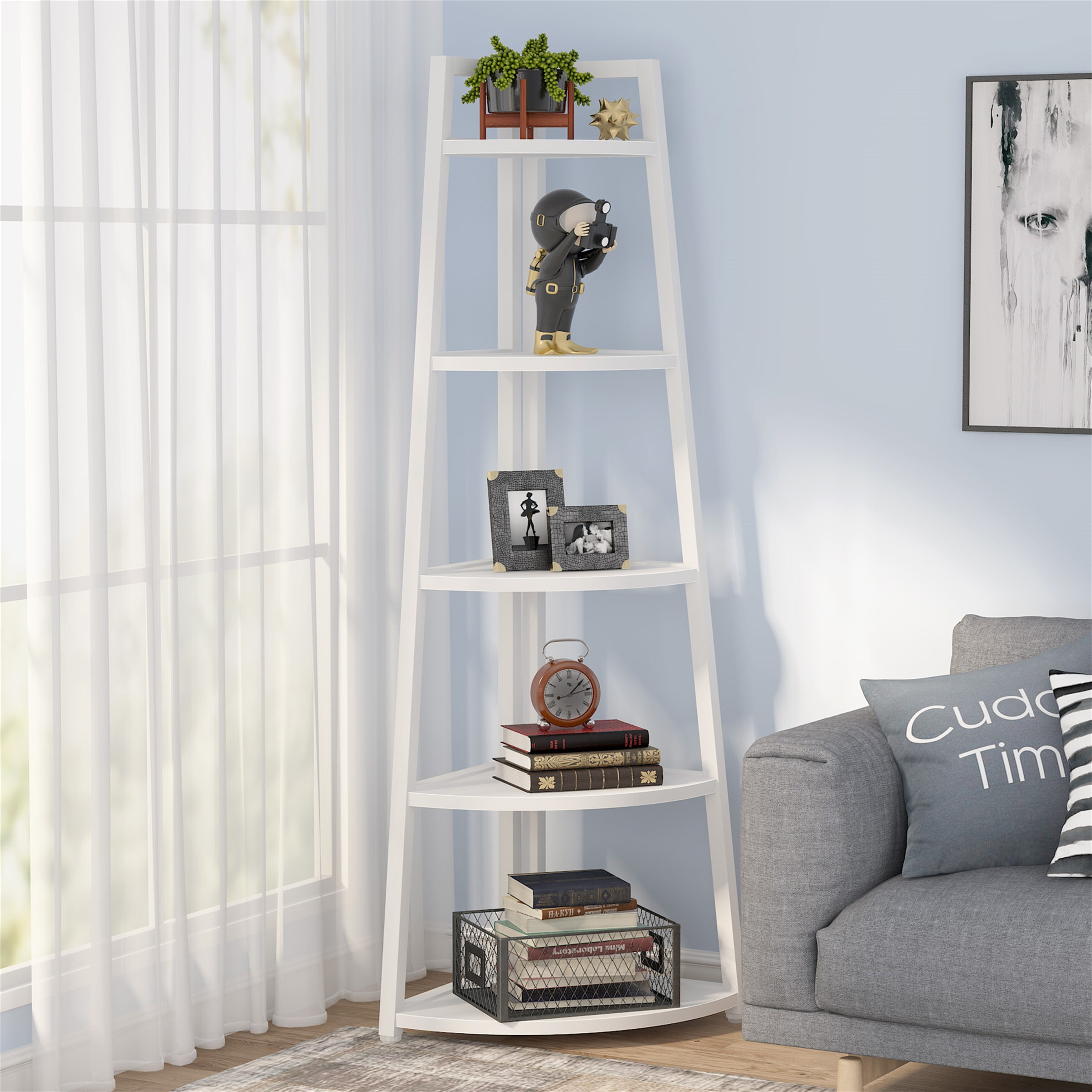 5 tier Bathroom Corner Shelf Storage Tower Cabinet Rustic Brown White ...