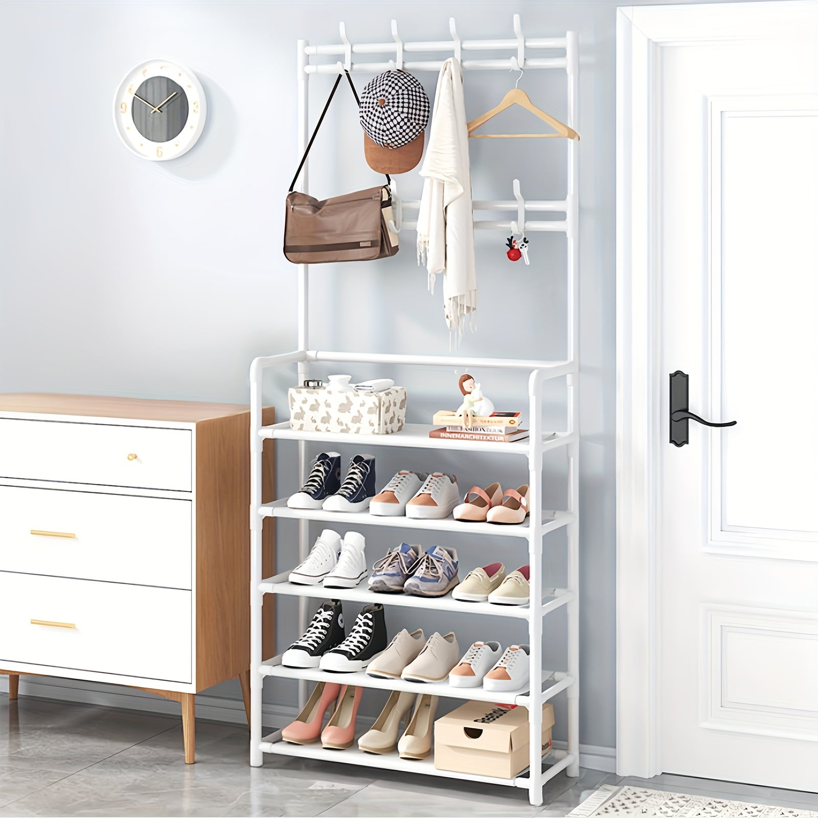 5-tier Multifunctional Metal Coat Rack, Coat Rack with 8 Double Hooks ...